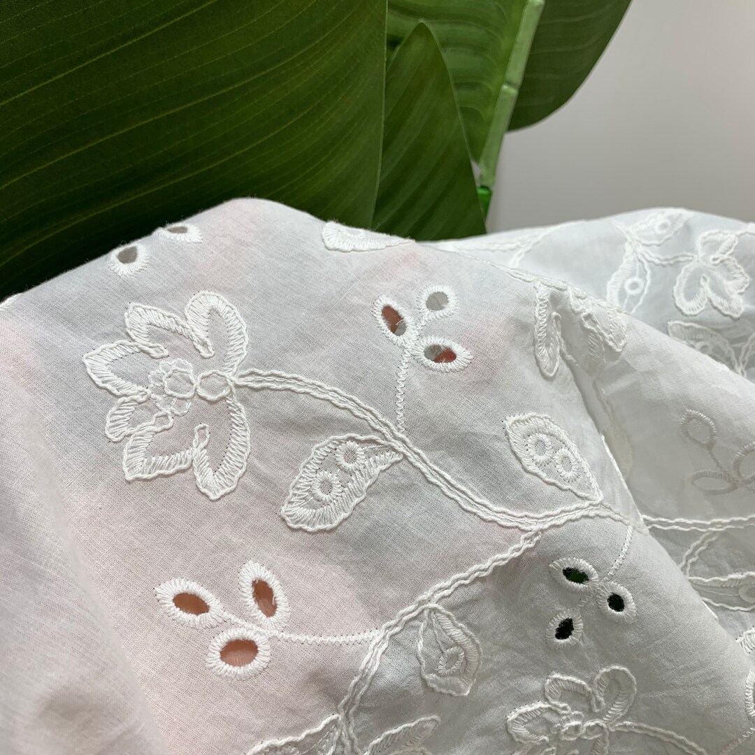 White Floral Cord Embroidery on Eyelet Cotton Voile - Bridal Fabric by ...