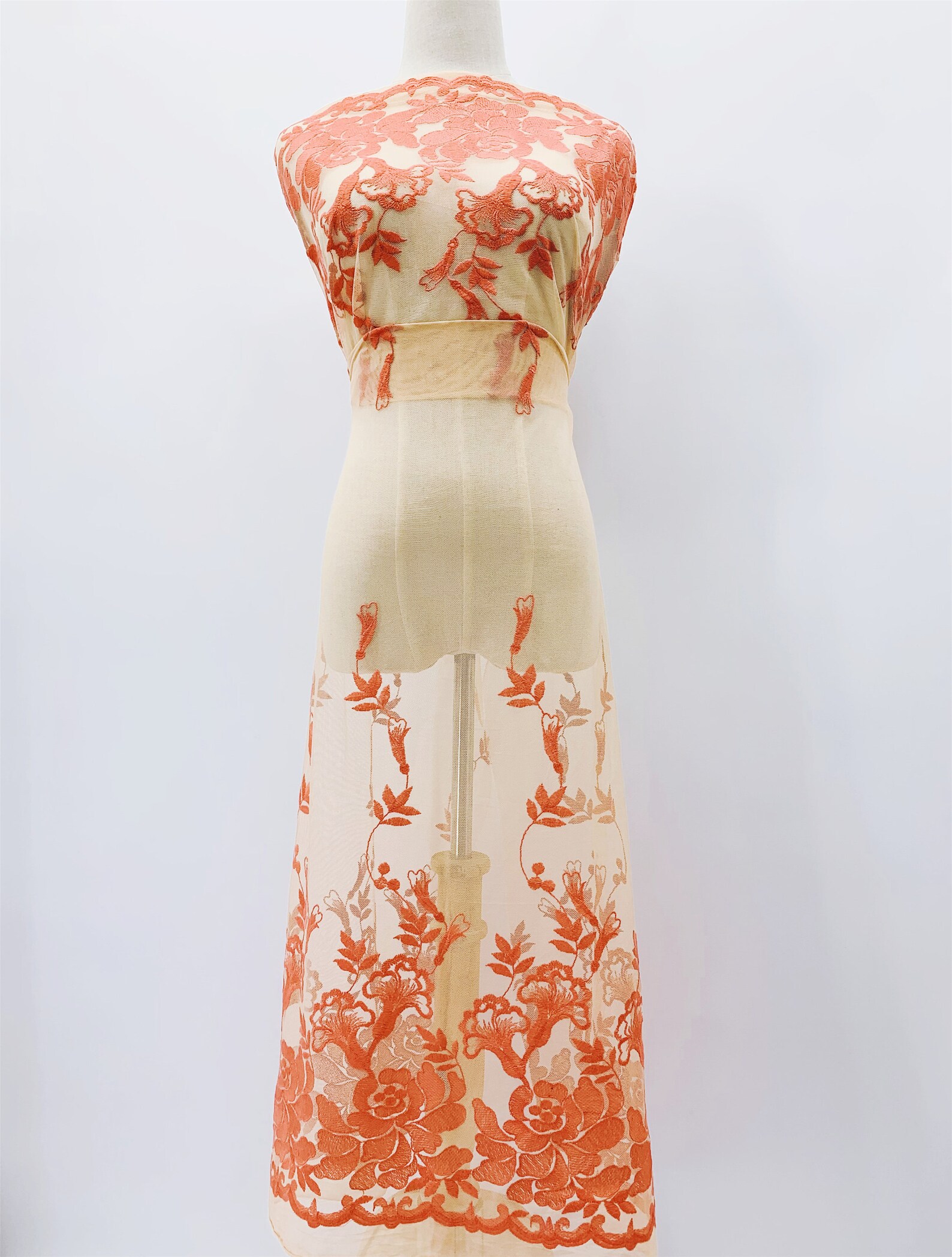 CLEARANCE - Orange Floral Embroidered Mesh With Scalloped Edges - Light ...