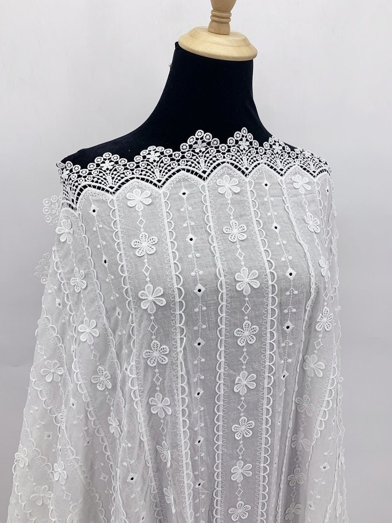 Ivory White 3D Floral Embroidered Cotton Voile for Wedding Dress ...