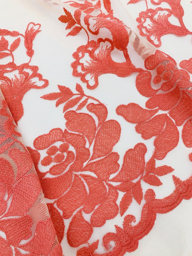 CLEARANCE - Orange Floral Embroidered Mesh With Scalloped Edges - Light ...
