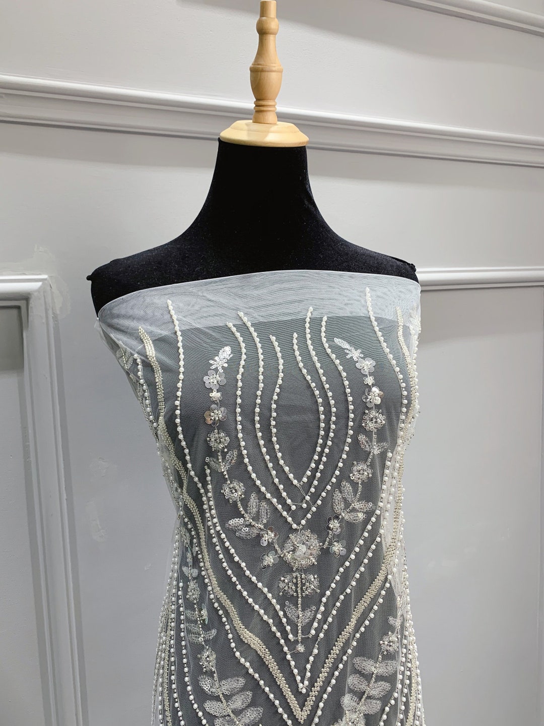 Floral Sequin Embroidered Mesh by the Yard - White Beaded Bridal Lace ...