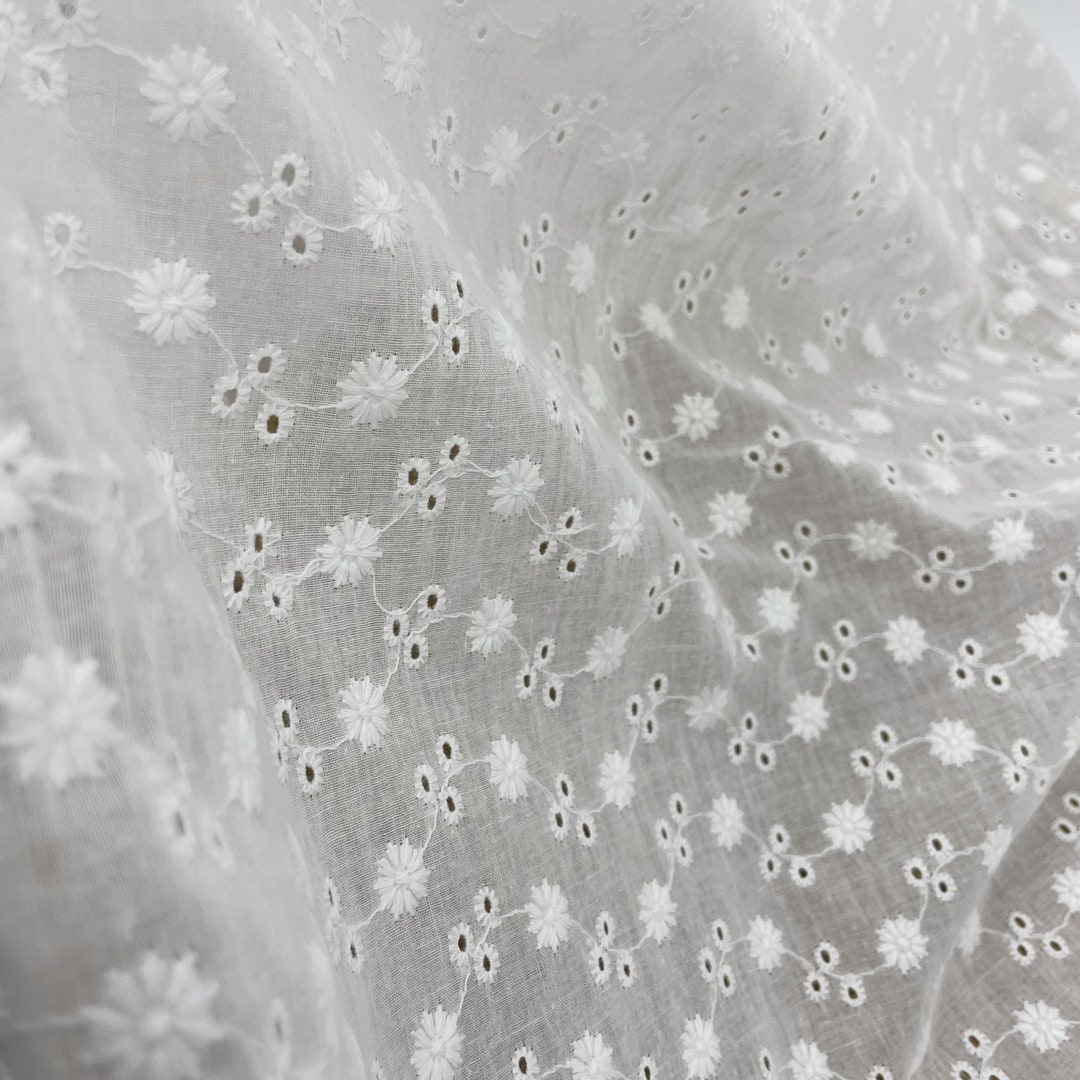 Daisy Embroidery on White Cotton Voile Fabric - Lightweight Embroidered ...