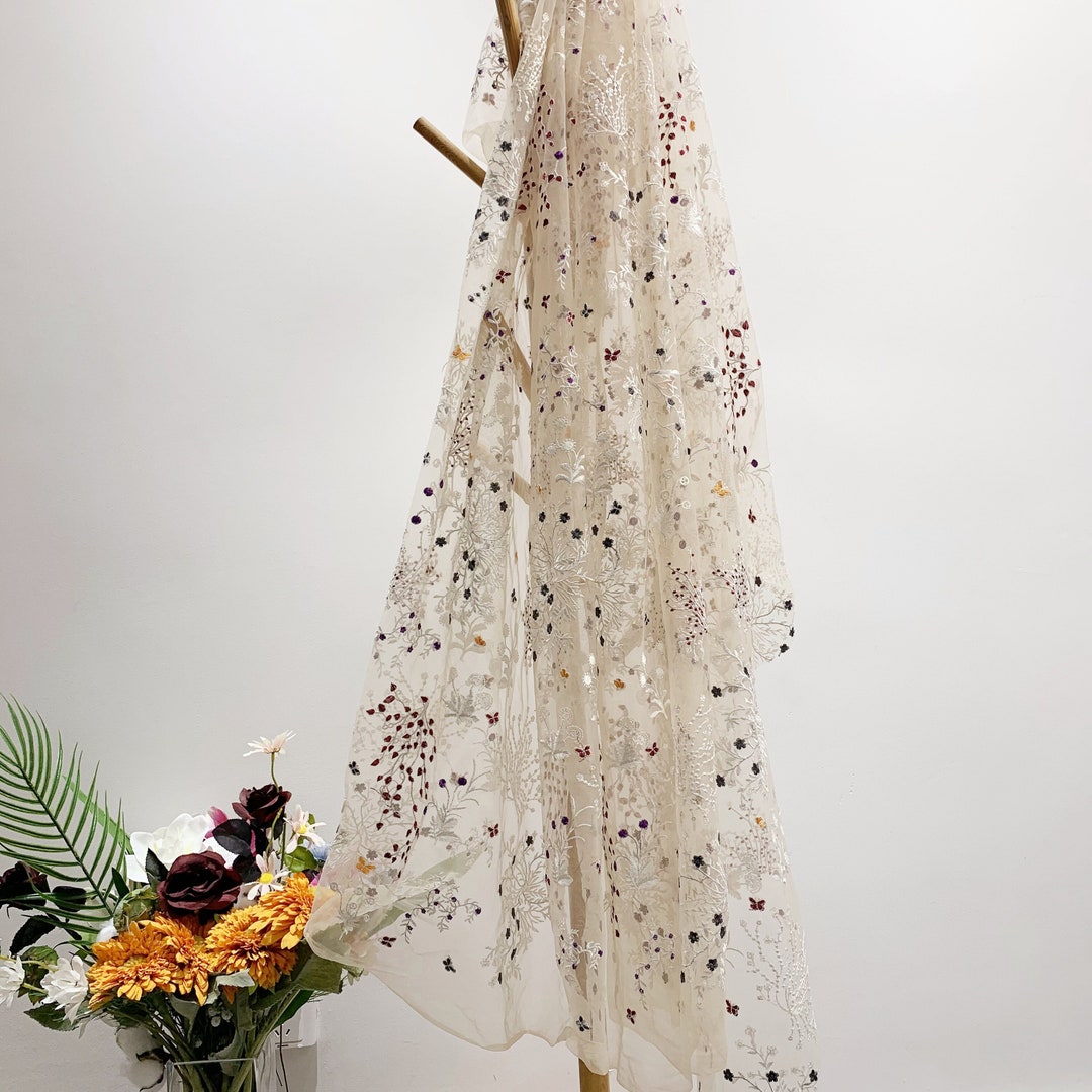 Sheer Mesh Fabric - Ivory White Flower Design Mesh Lace by Yard ...