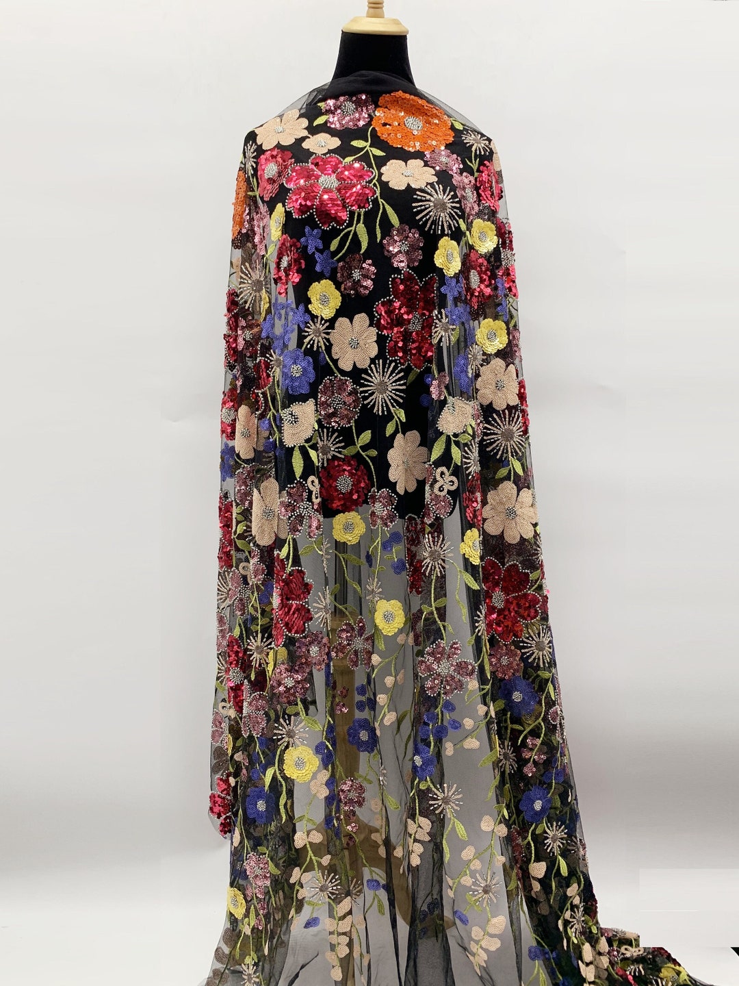 Multicolored Floral Sequin Embroidered Mesh by the Yard - Heavy Beaded ...