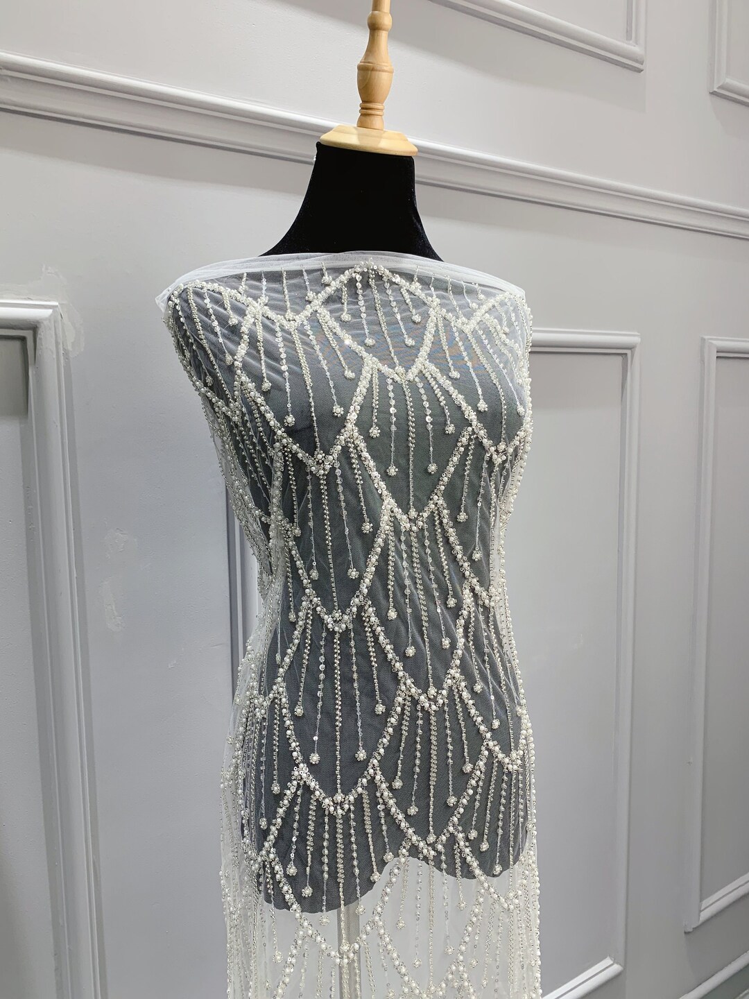 White Beaded Bridal Lace Fabric - Geometric Sequin Embroidered Mesh by ...