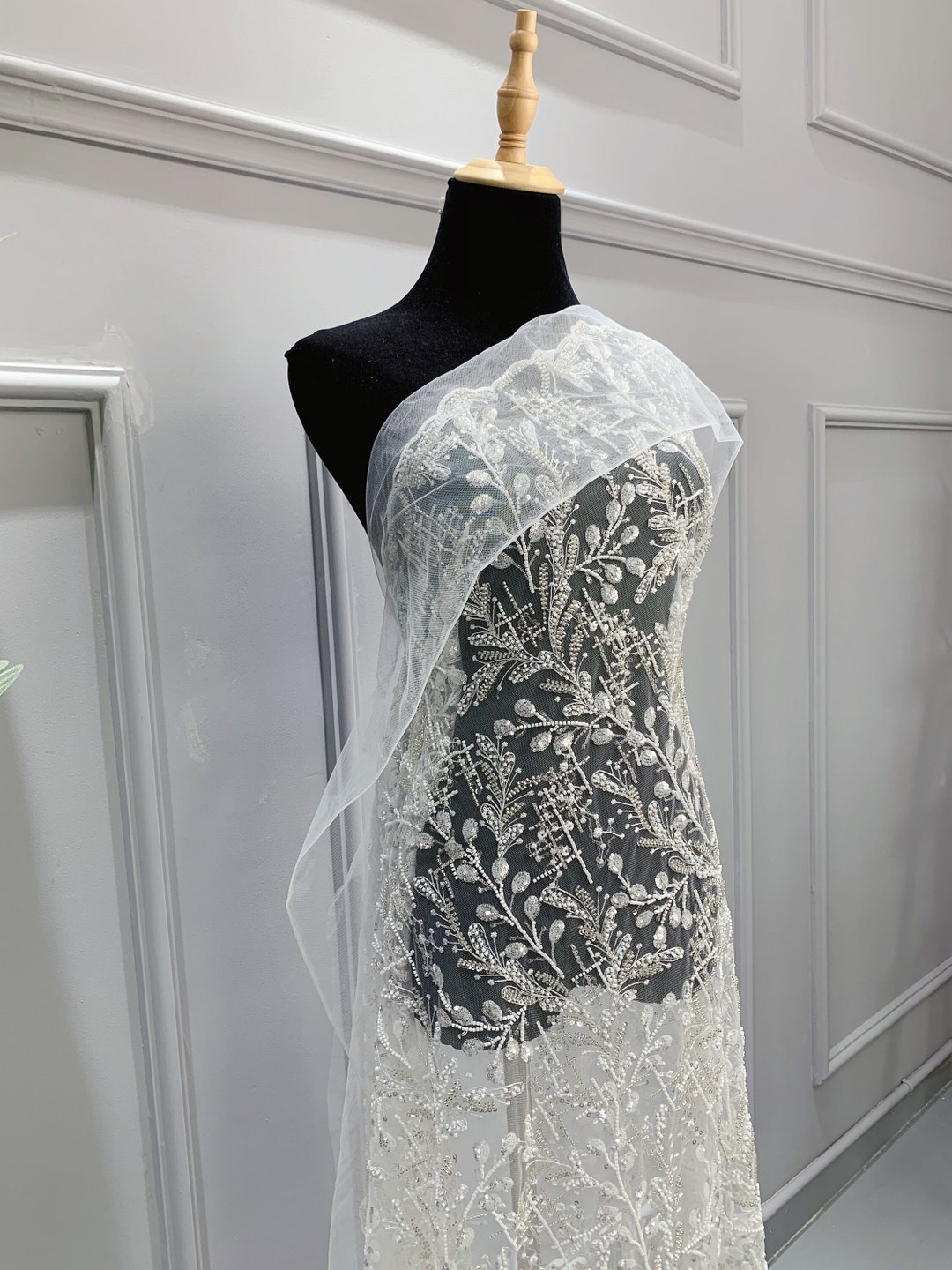 Heavy Beaded Leaves Embroidered Fabric by the Yard - Ivory White ...