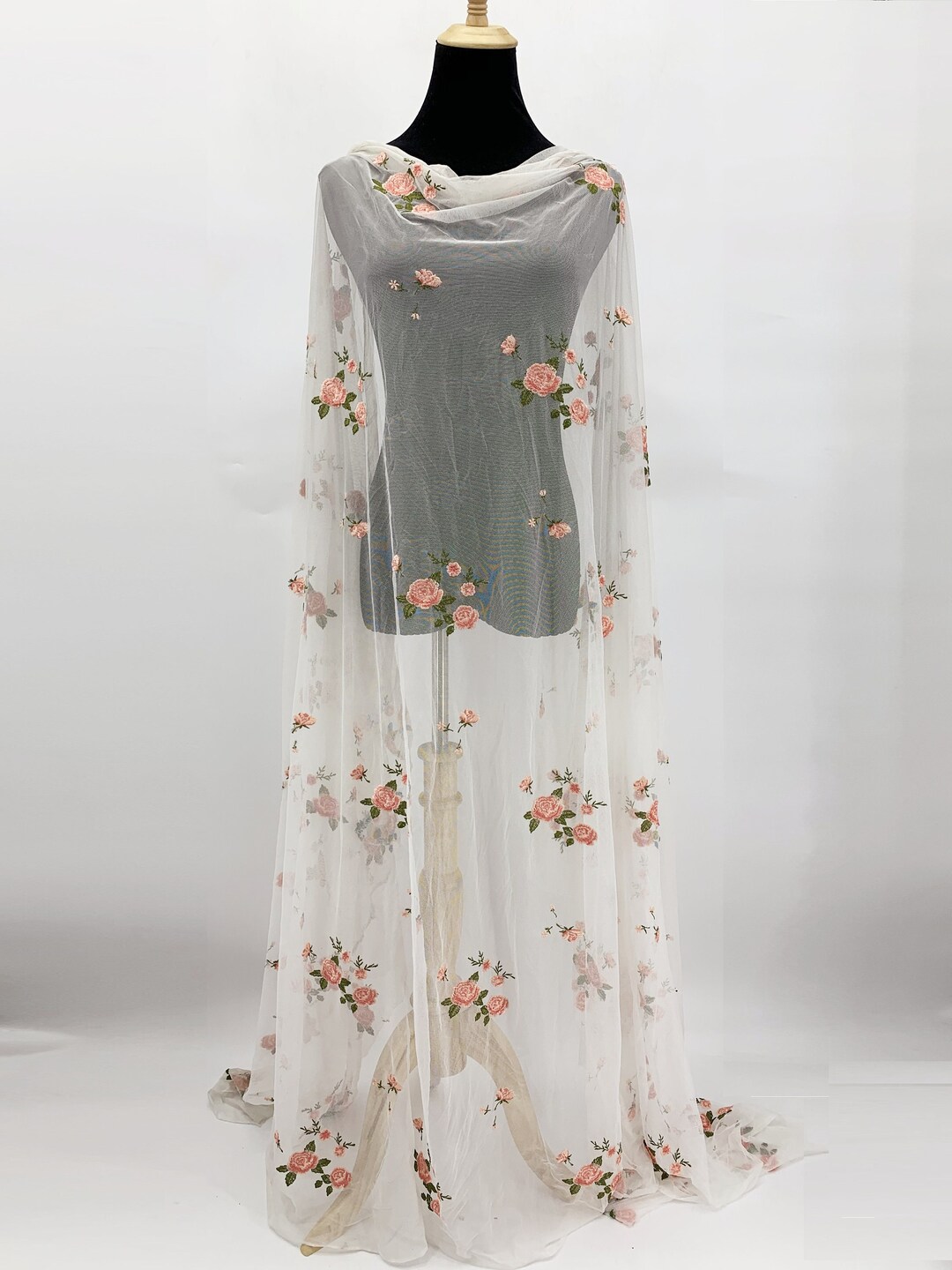 White Tulle Mesh Fabric With Flowers - Ultra Lightweight Embroidery ...