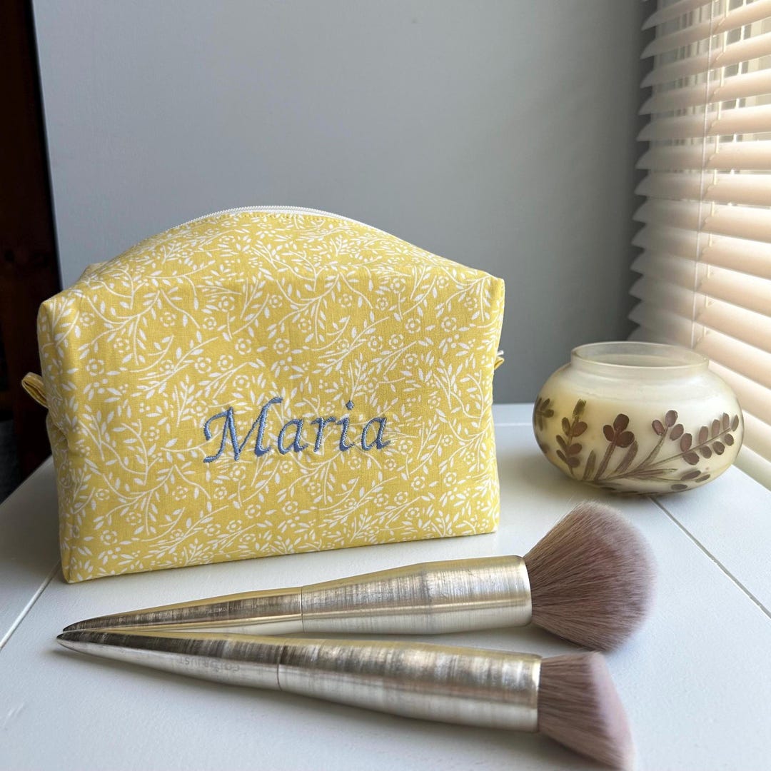 Yellow Floral Handmade Personalized Makeup Bag, Embroidered Cosmetic ...