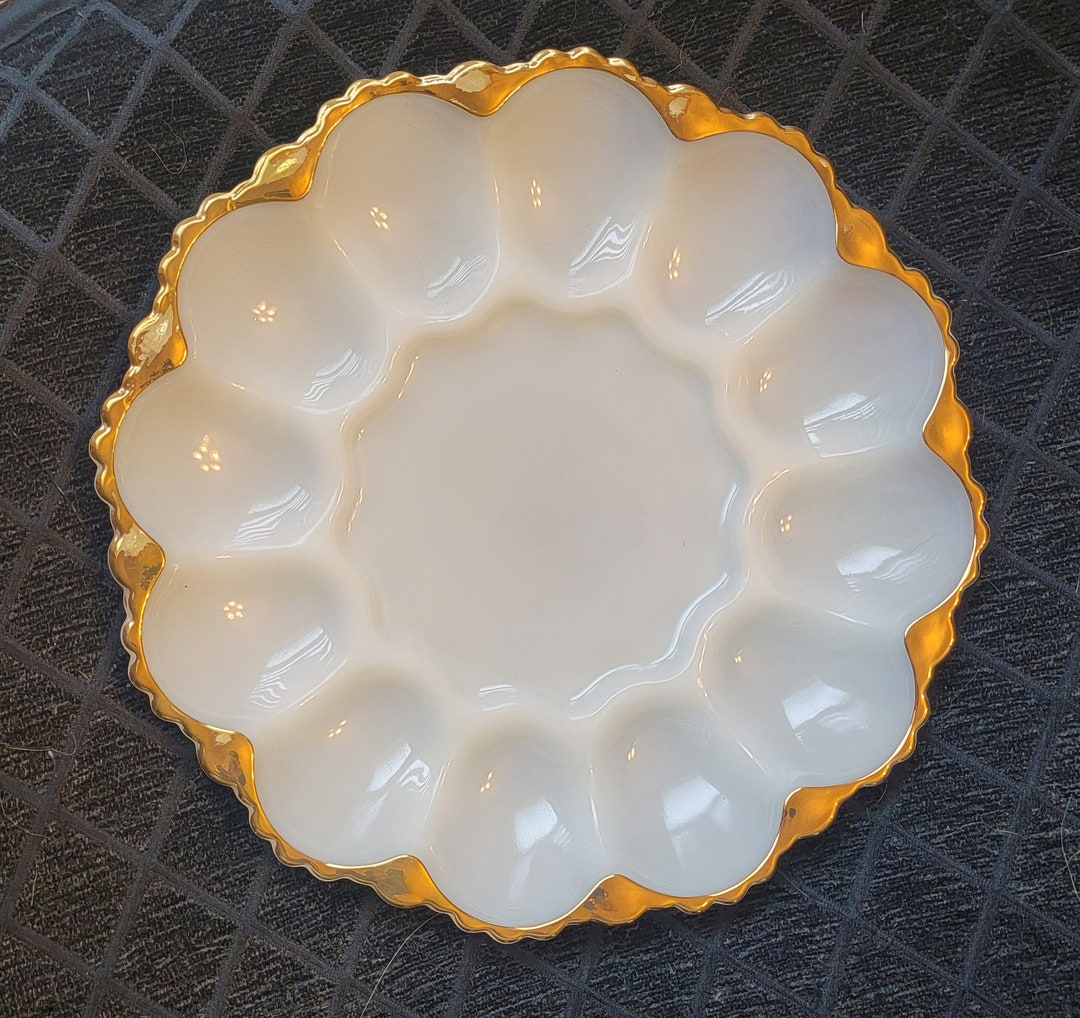 Anchor Hocking Egg Platter, Gold Trim, Deviled Egg Plate, Deviled Eggs ...