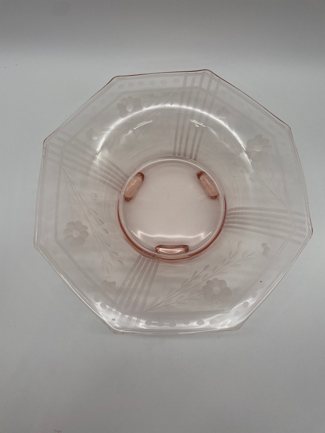 Pink Depression Etched Glass Octagon Console Bowl 12" - Etsy