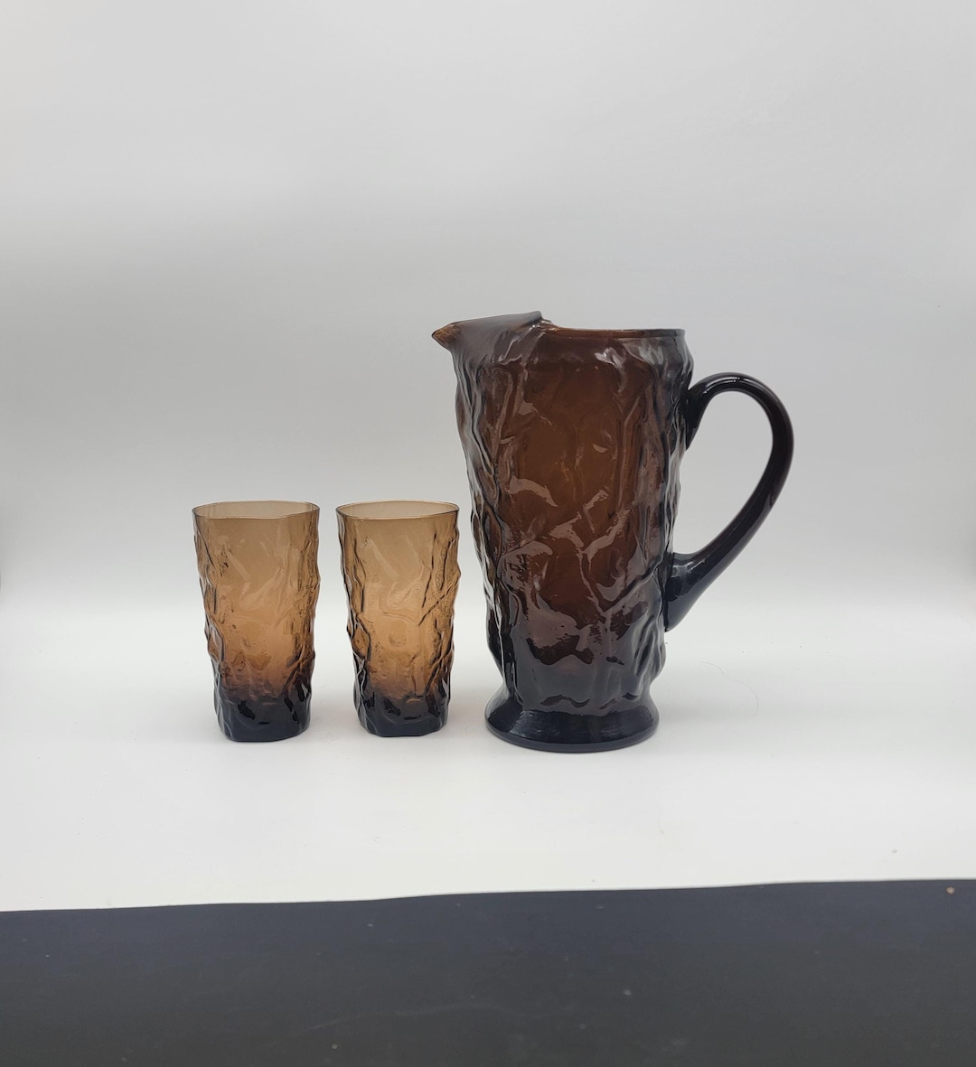 Vintage Seneca Glass Driftwood Pitcher Set With 2 Glasses - Etsy