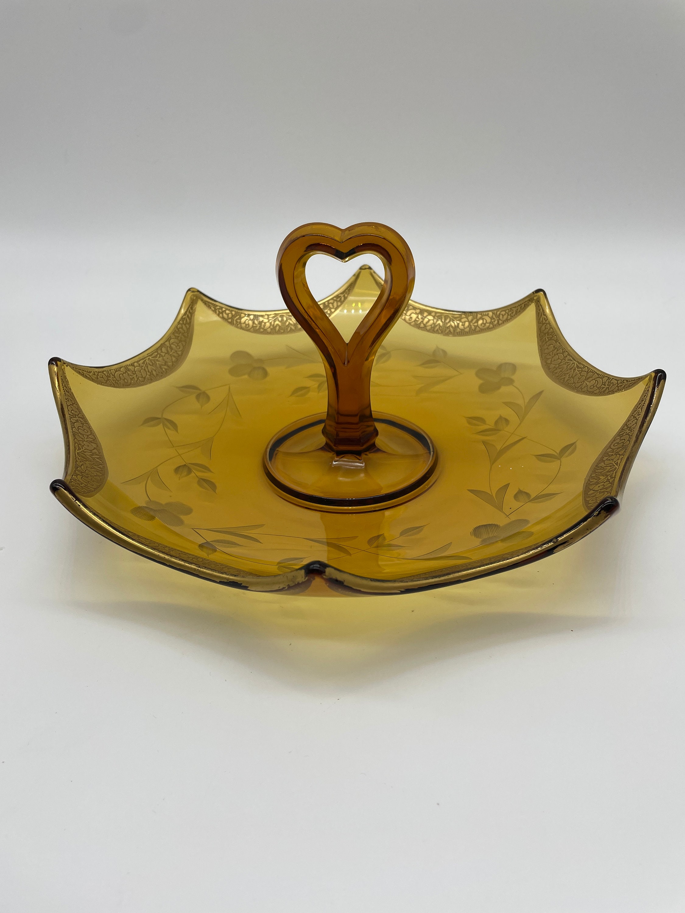 1930's Cut Etched Amber Depression Glass Tidbit Tray Sandwich Server - Etsy