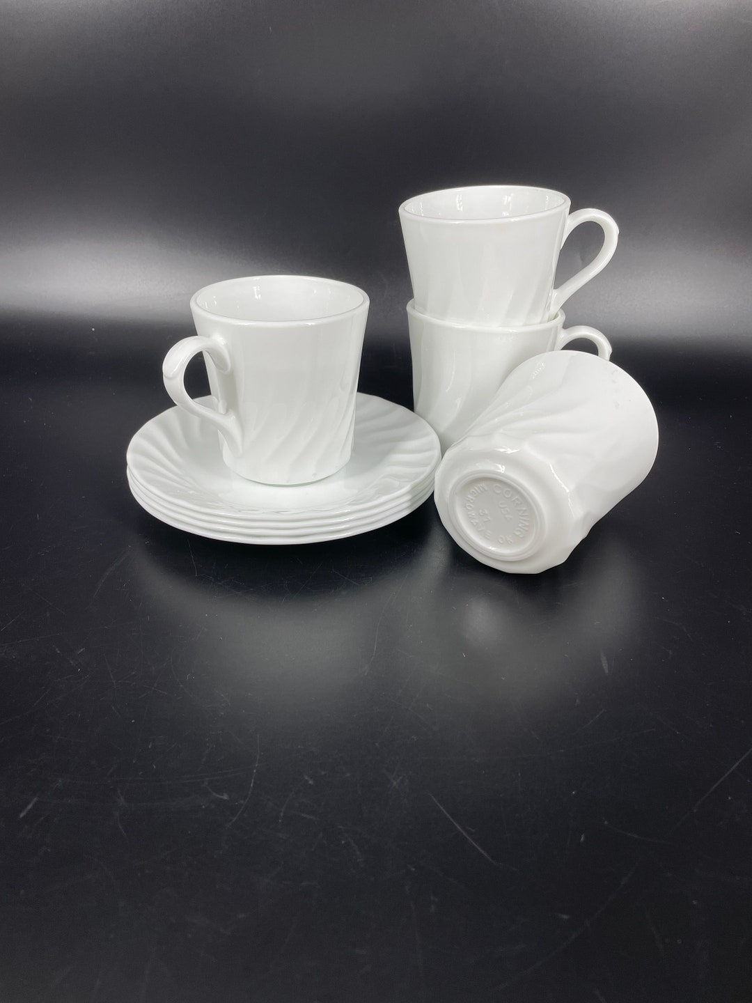 Corelle White Swirl Mugs With Saucers (4) - Etsy