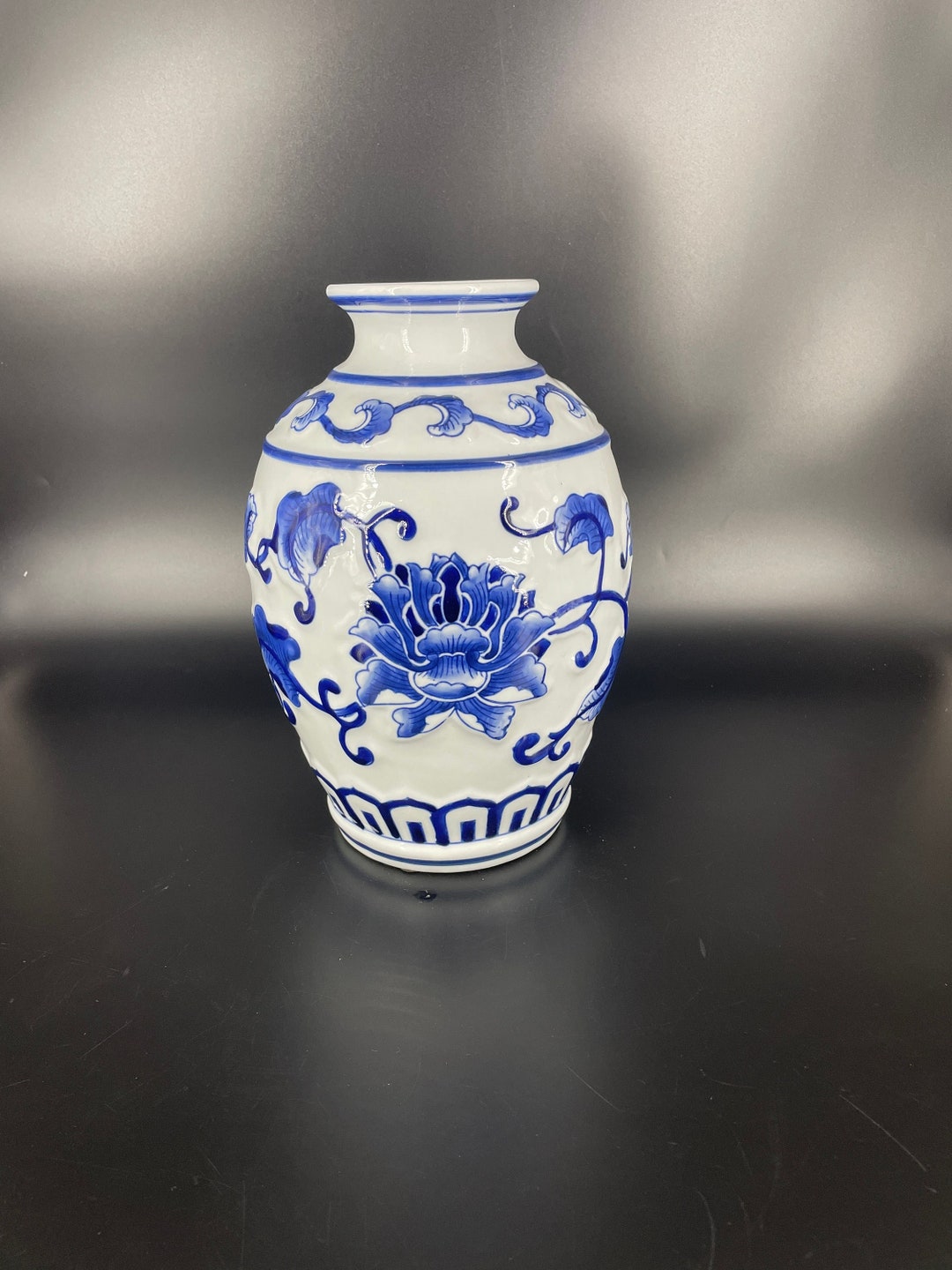 Vintage Hand Painted Raised Blue and White Lotus Flower Jar Vase. Lotus ...