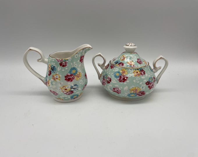 Gracie Tea Ware China Green & White Floral 5 CUP Porcelain Rose Floral ...