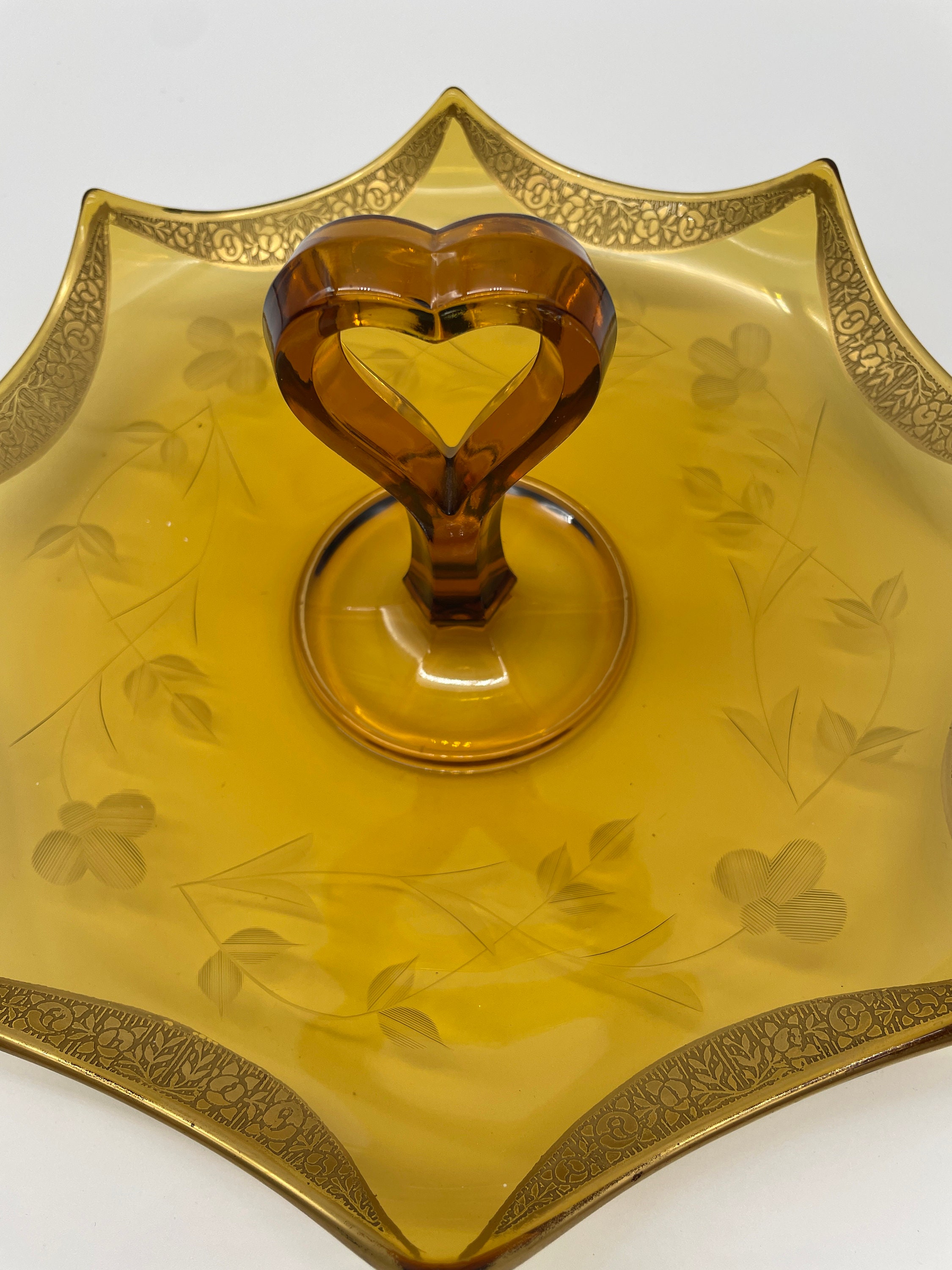 1930's Cut Etched Amber Depression Glass Tidbit Tray Sandwich Server - Etsy