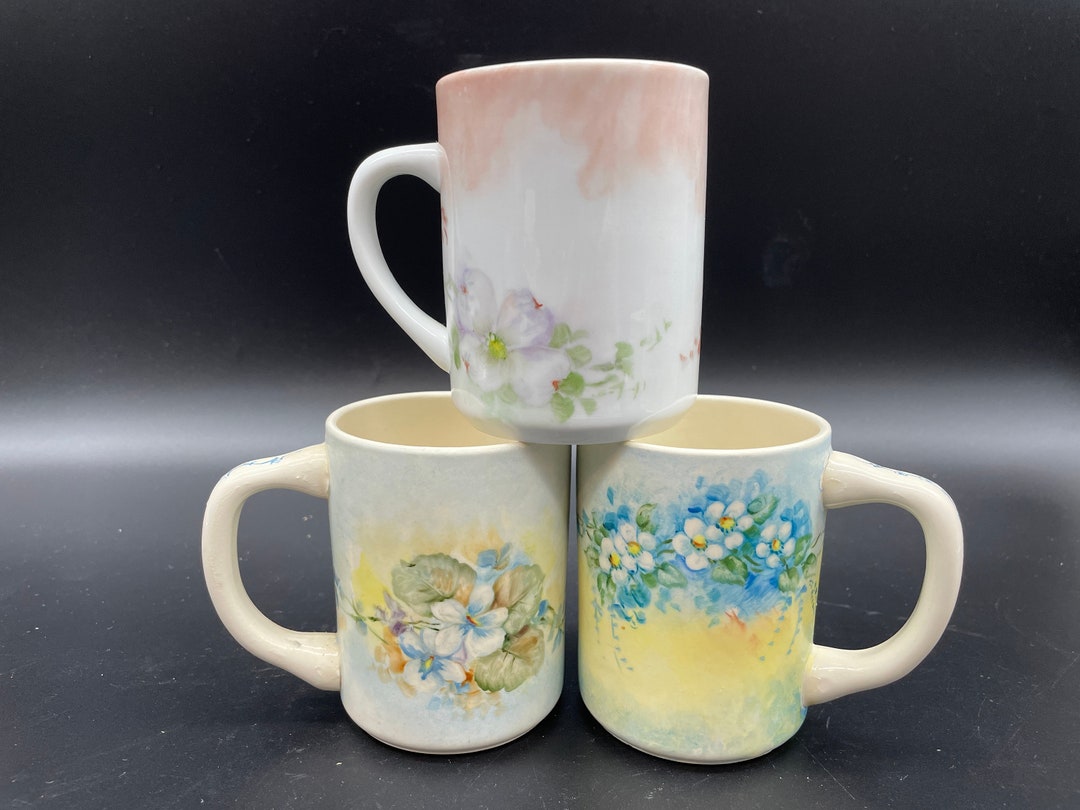 Hand Painted Artisan Floral Vintage Coffee Mugs/cups Set of 3, Coffee ...