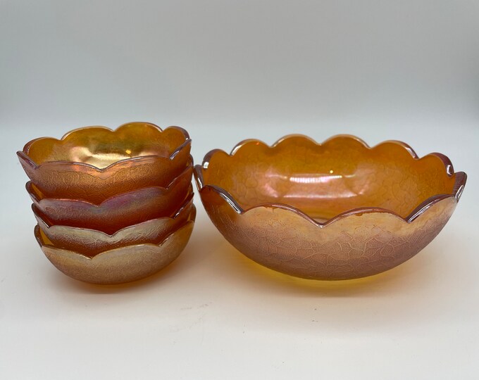 Amber Carnival Glass Bowls Crackle Pattern Set Of 5 Bowls Etsy