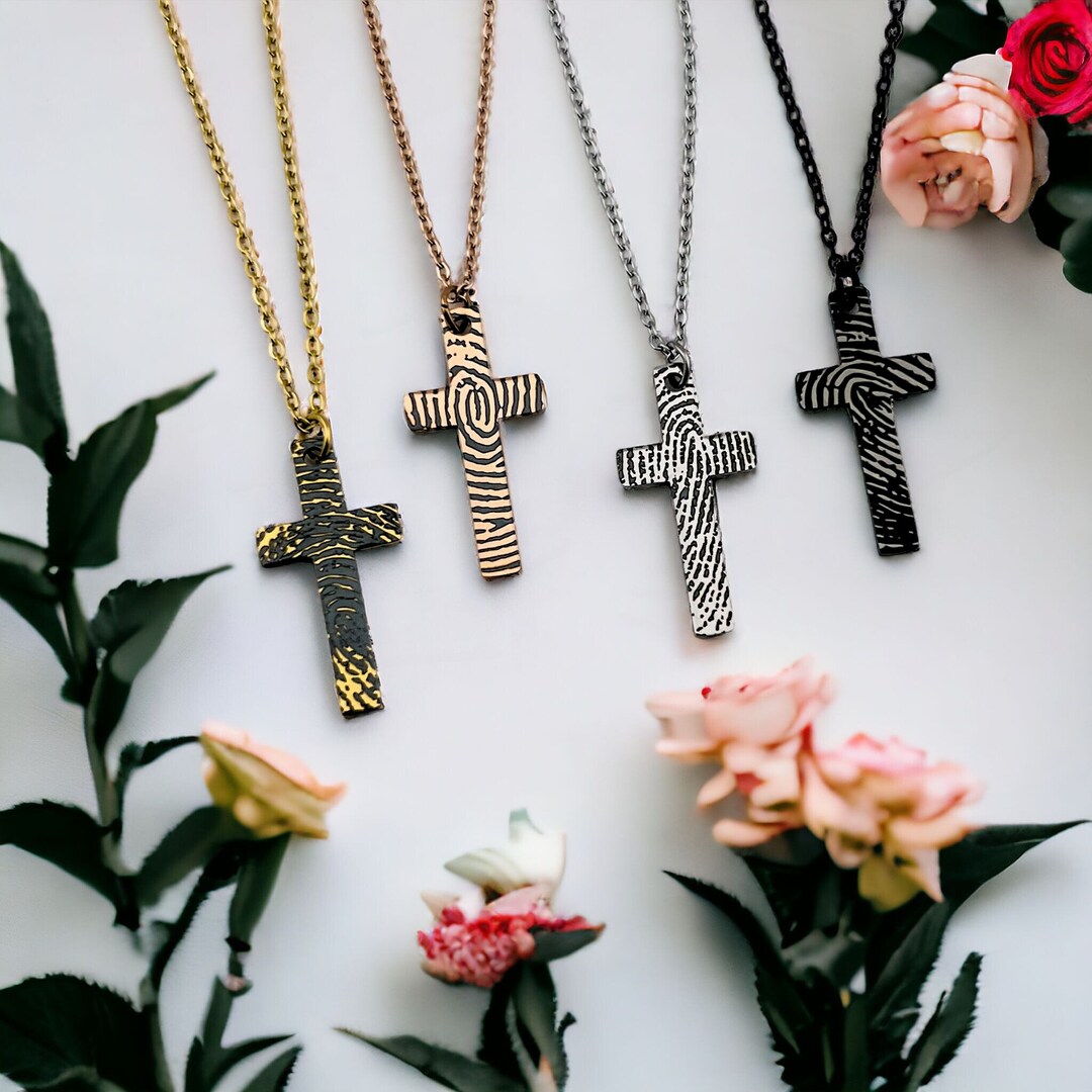 Personalised Full Fingerprint Cross Necklace | Custom Memorial Charm ...