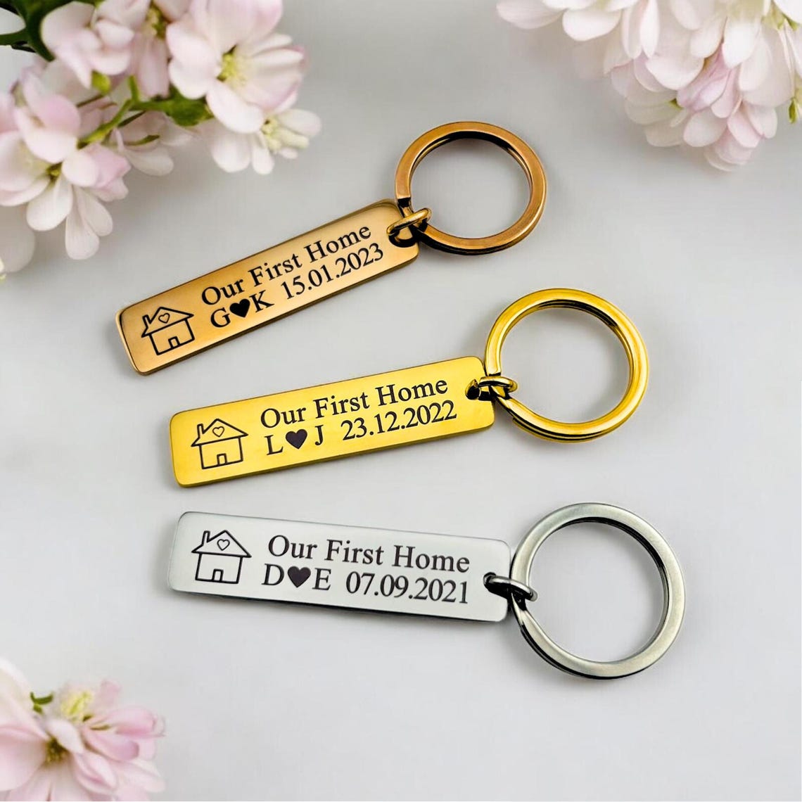 Custom Pair of First Home Slim Bar Keychains | New Home | Couple ...