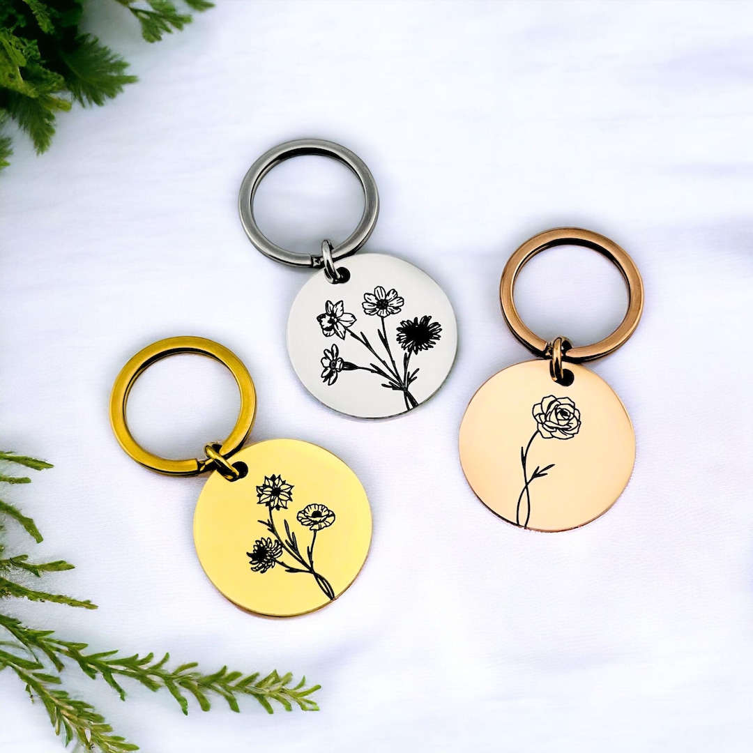 Personalised Birth Flower Disc Keychain | Engraved Birthday Key Ring ...