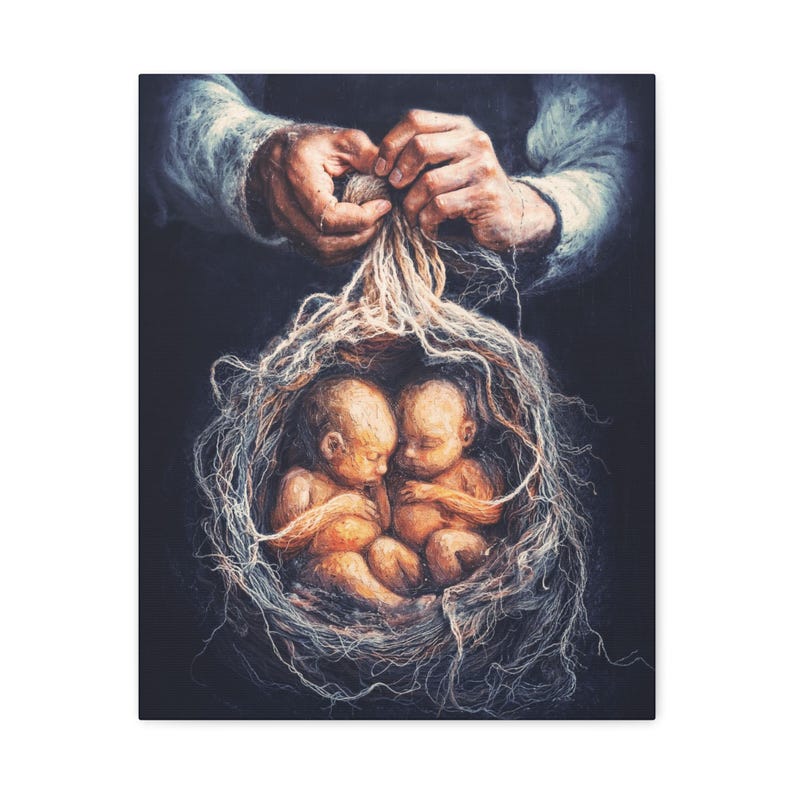 Two Babies in the Womb Being Knitted by God -- Wall Art, Stretched ...