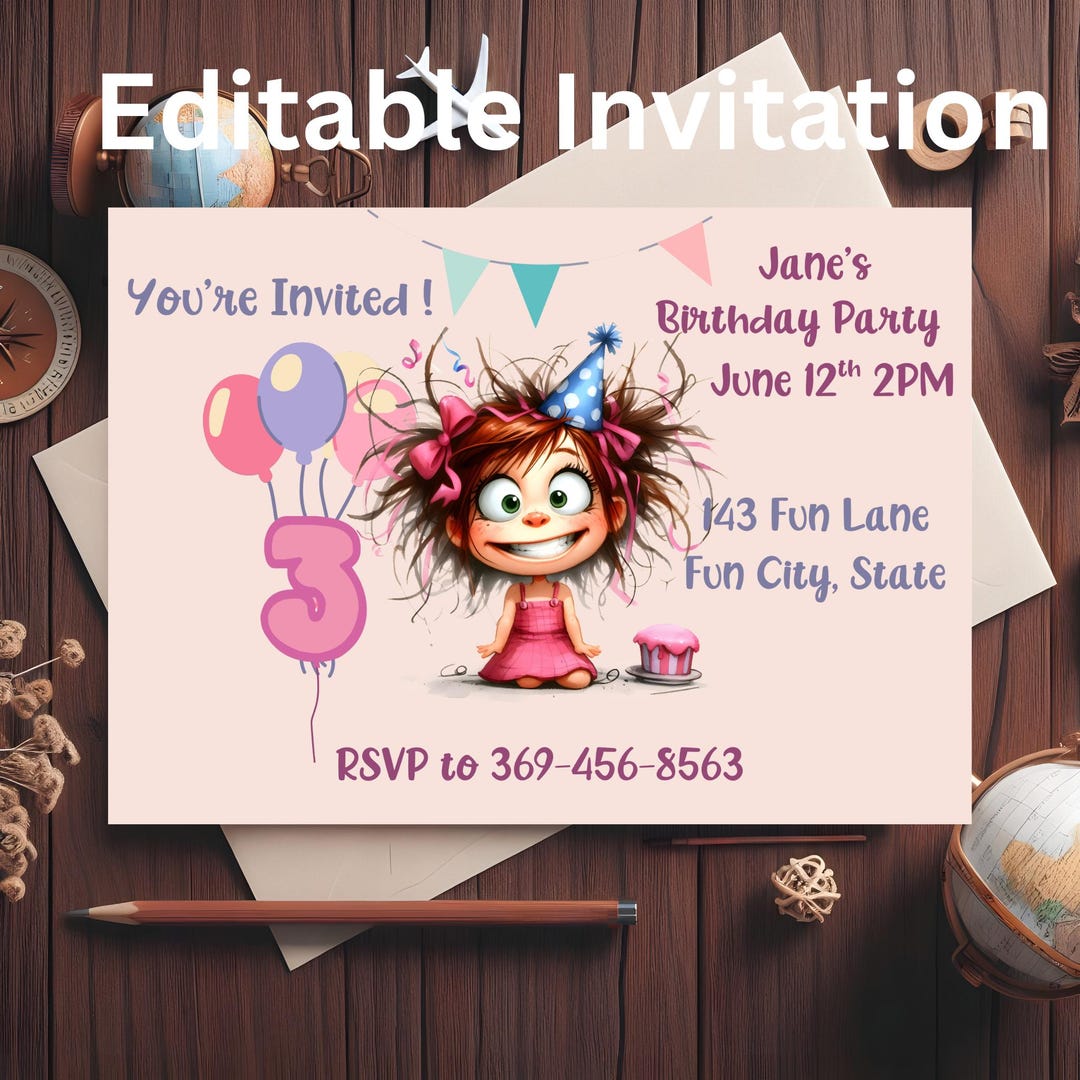Quirky Girl Editable Birthday Invitation, Editable Printable Birthday ...