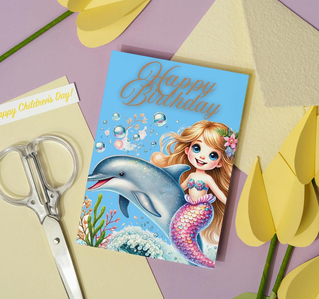 Birthday Card Printable, Dolphin and Mermaid Birthday, Mermaid Greeting ...
