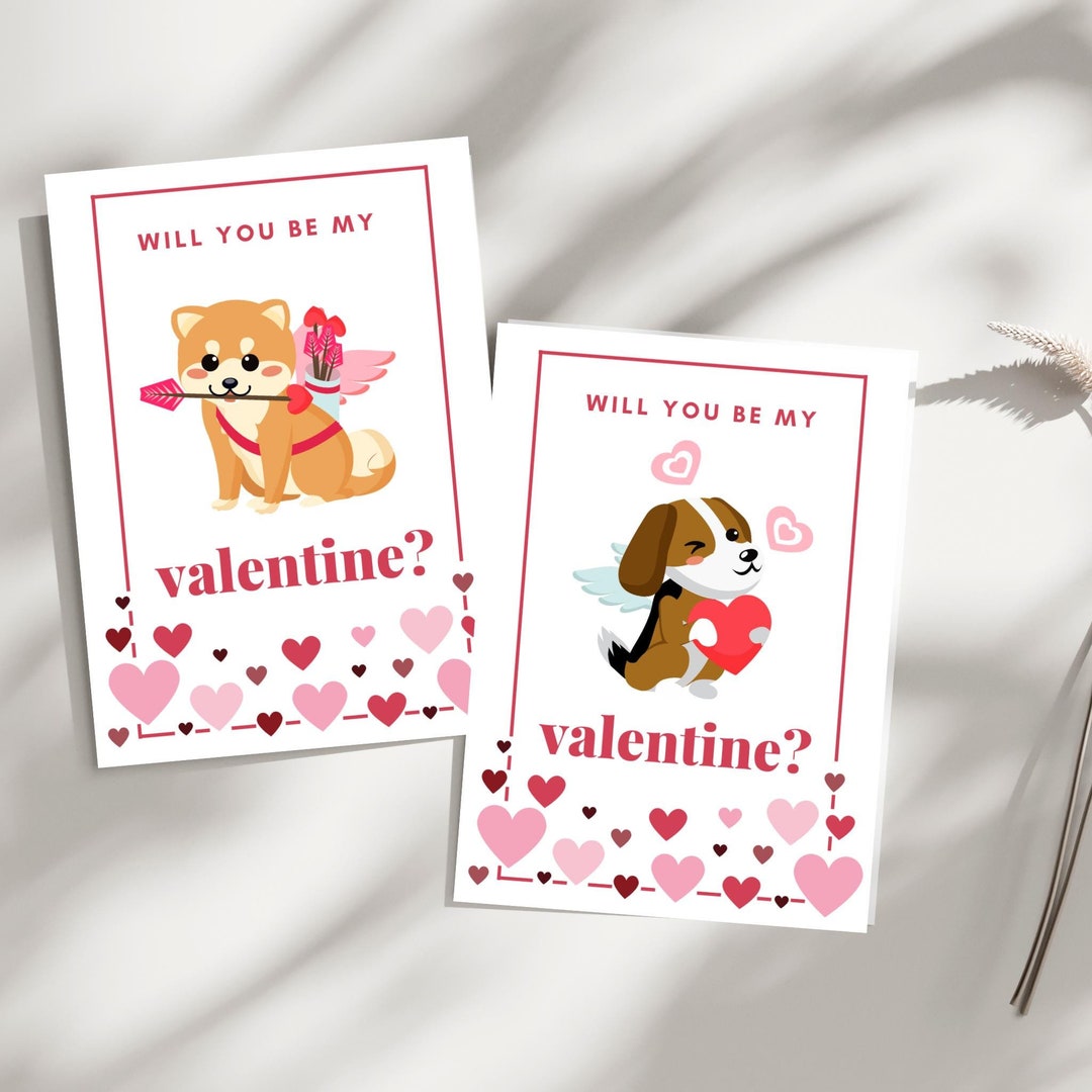 4 Valentine School Dog Cards, Printable Dogs Valentine Cards, Valentine ...