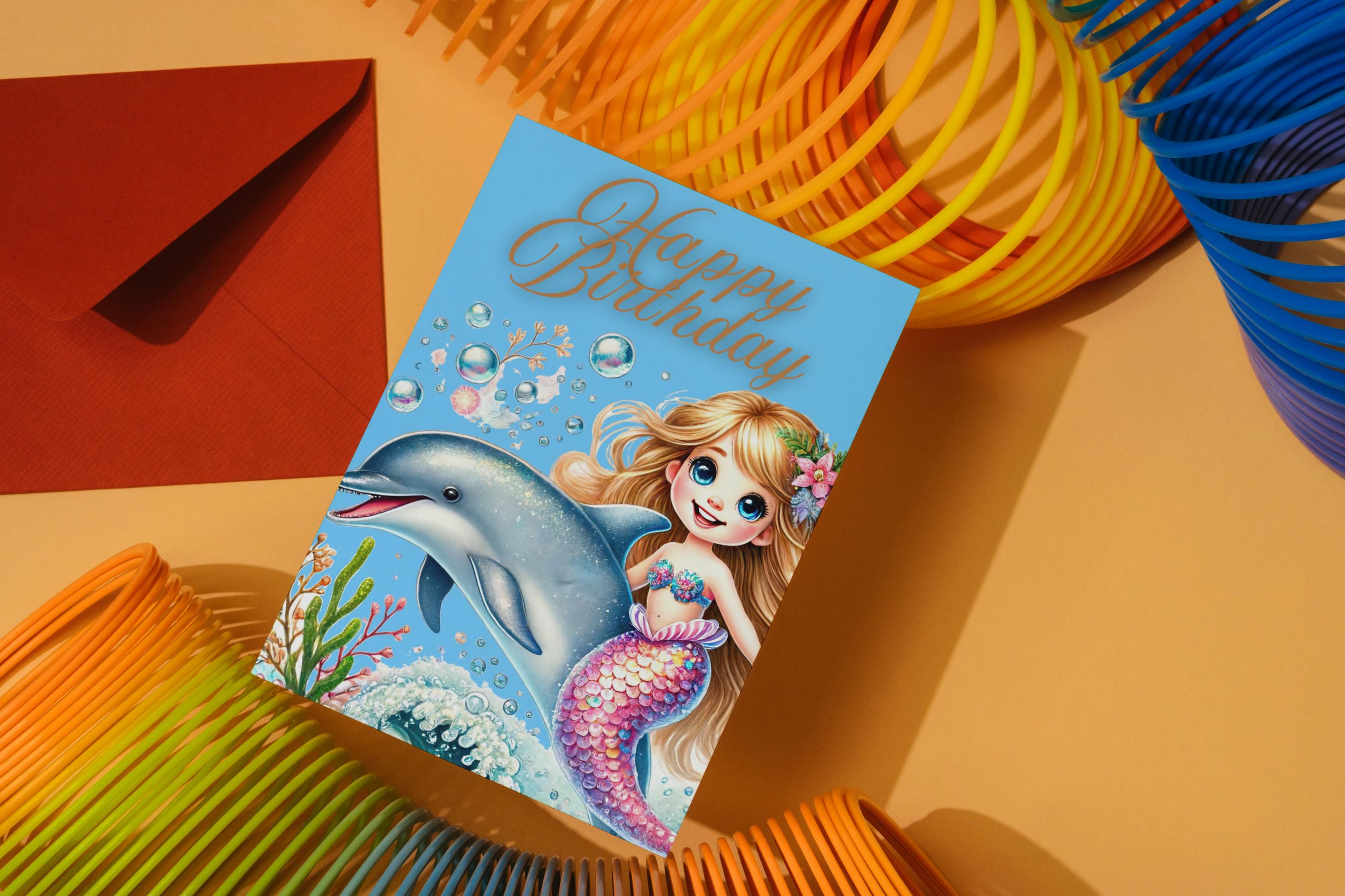 Birthday Card Printable, Dolphin and Mermaid Birthday, Mermaid Greeting ...