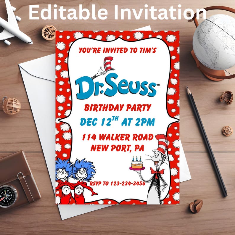Dr. Seuss Birthday Invitation, Birthday Dr Seuss Editable Card Template ...
