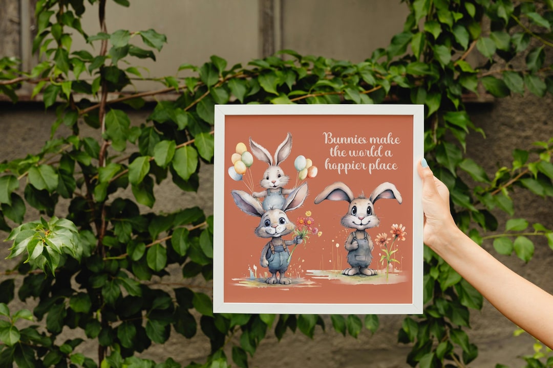 Bunny Wall Art, Printable Rabbitt Decor, Happy Bunnies Print, Rabbitt ...