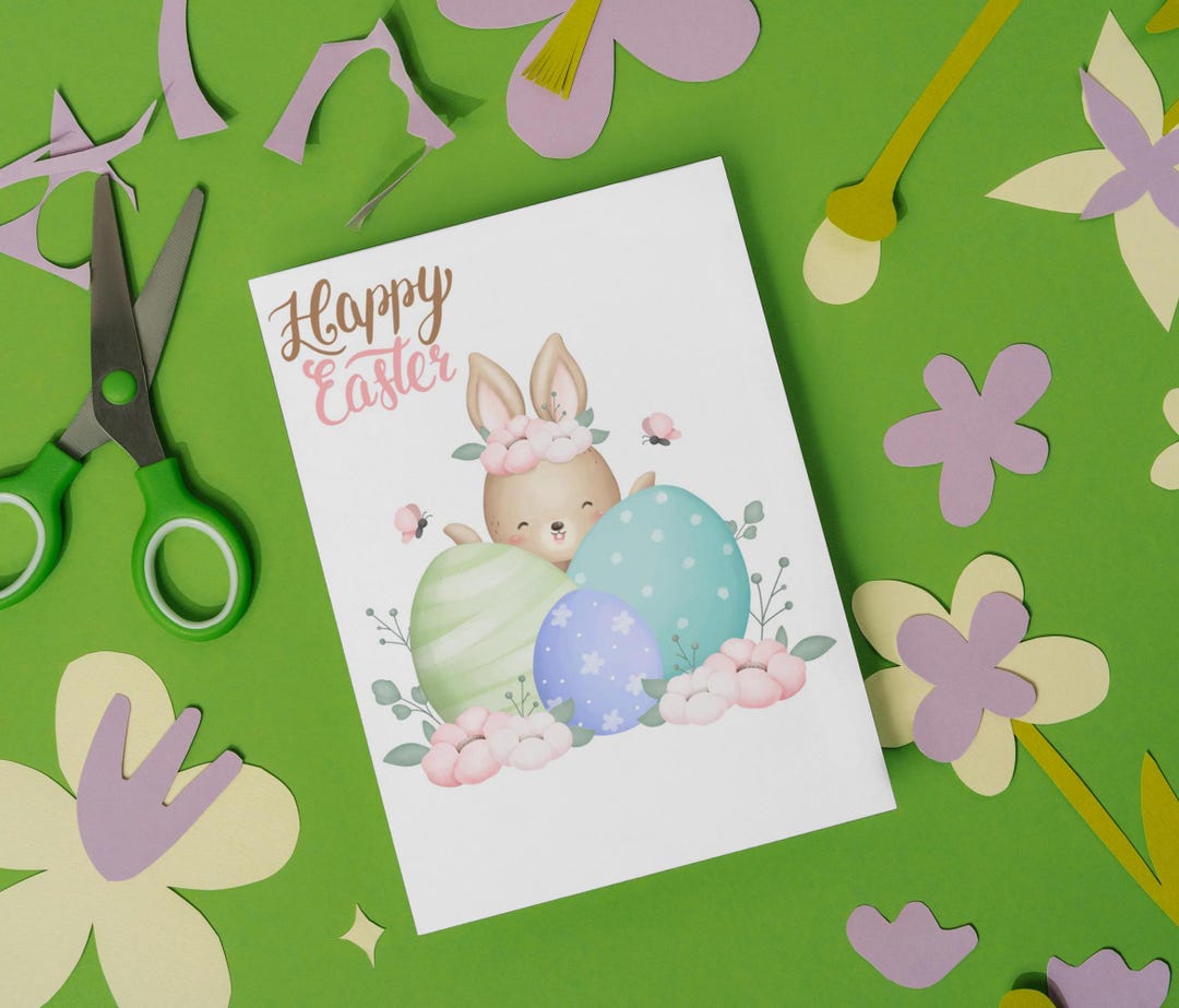 Easter Bunny Printable Card, Easter Eggs Pink Greeting Card, Bunny Rabbitt Easter Card - Etsy