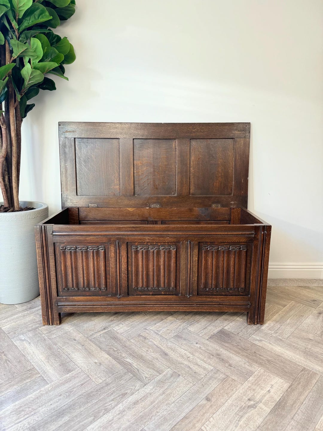 Vintage Large Carved Solid Dark Wooden Blanket Box Bench Ottoman Chest ...
