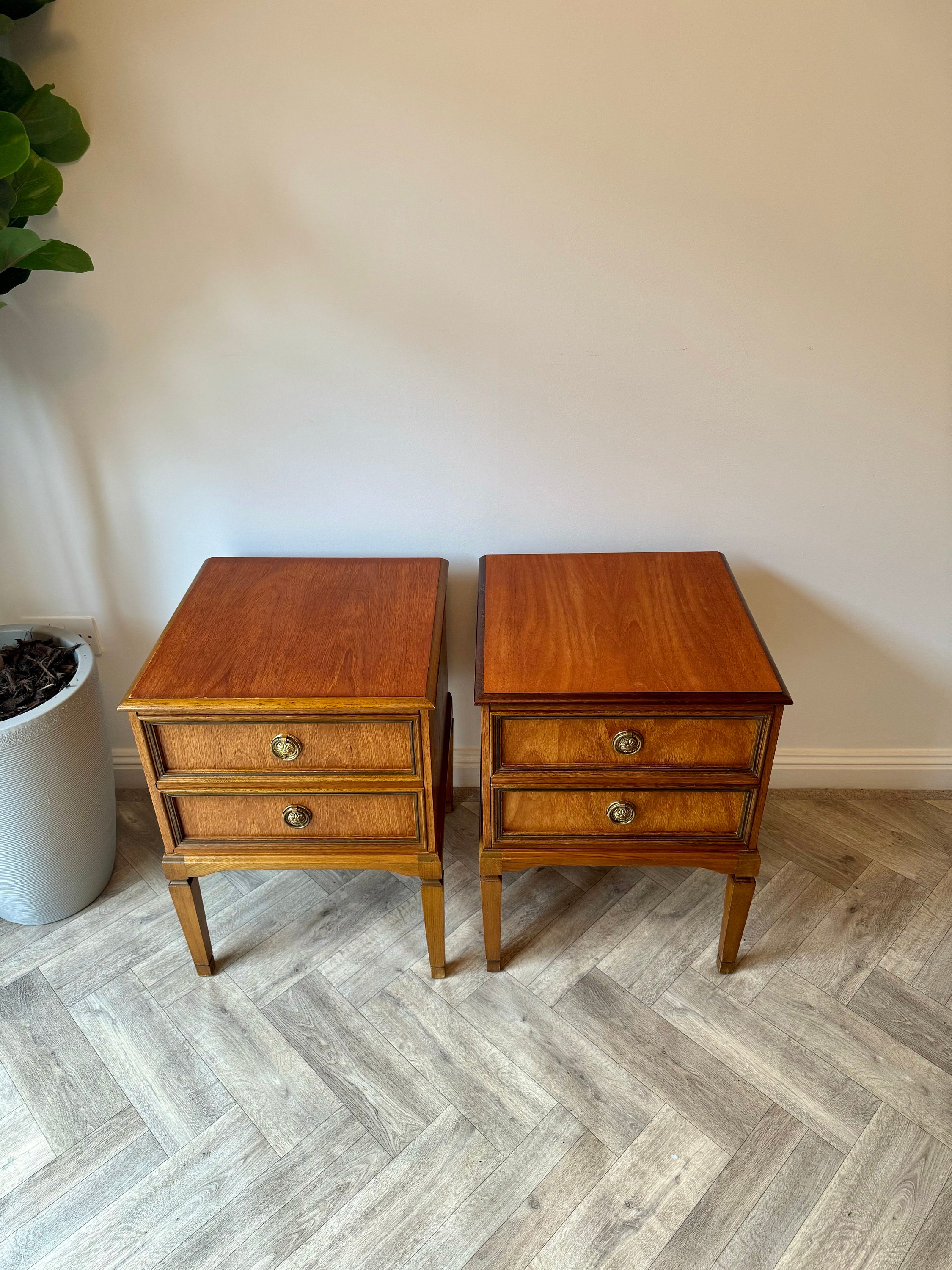Pair of Wood Effect Bedside Tables With Gold Coloured Handles Two ...