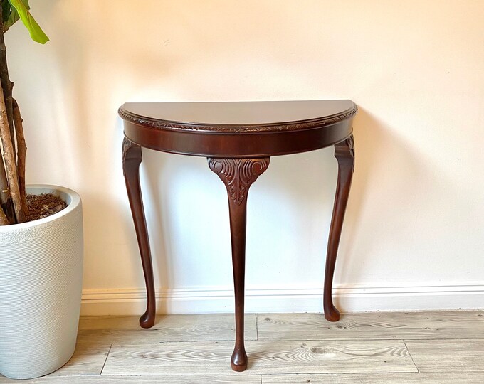 Vintage Carved Demi Lune Half Moon Console Table in Dark Solid Wood ...