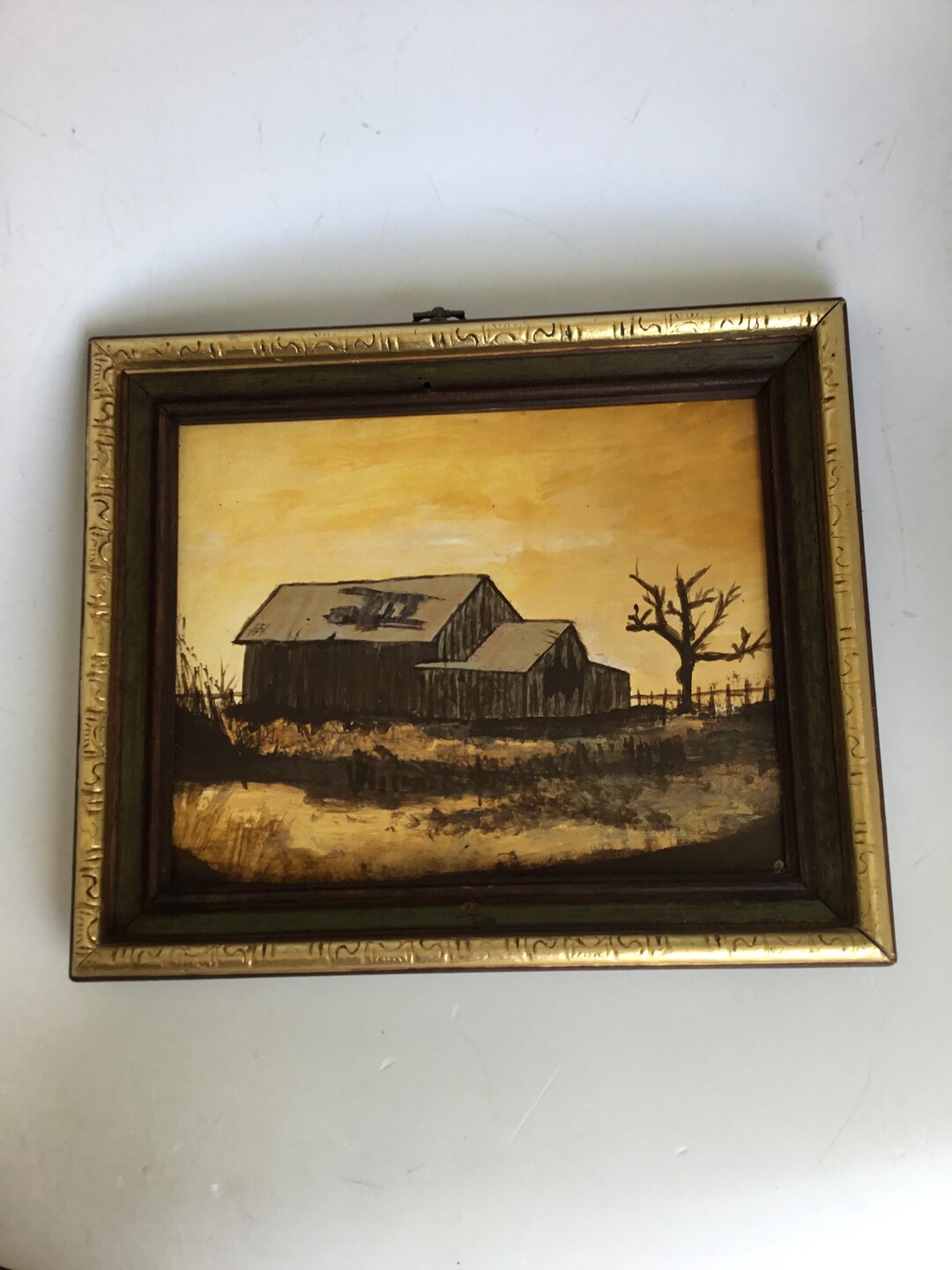 Rustic Oil Painting. Small Vintage Moody Country Scene Oil Painting in ...