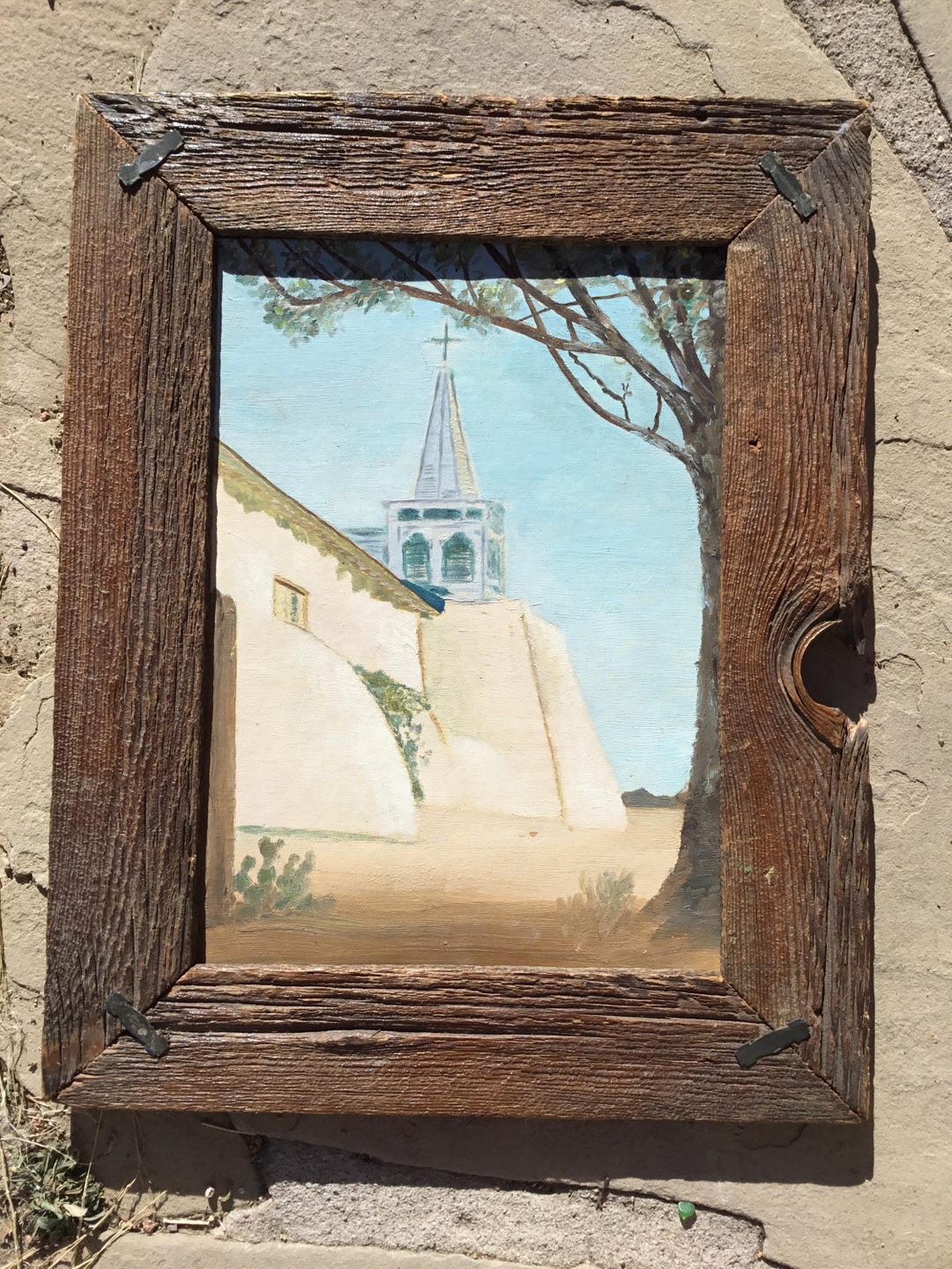 Painting of San Agustin De La Isleta Mission in Very Rustic Frame. Mid ...