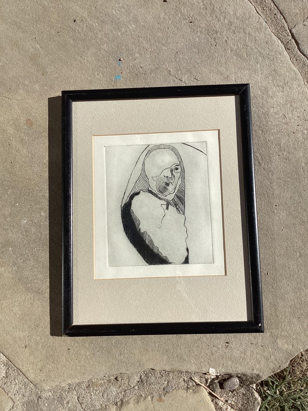 Pen Ink Drawing of Hooded Man. Small Well Matted and Framed Modernist ...
