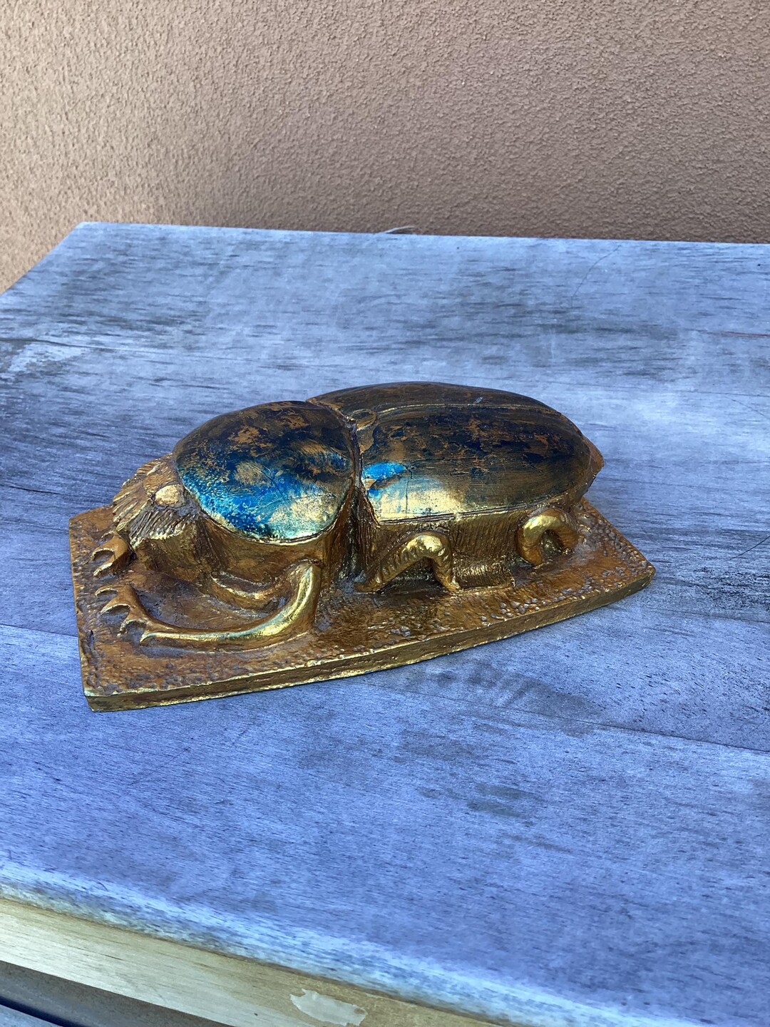 Plaster Scarab Paperweight. Large Gold and Blue Gilded Plaster Scarab ...