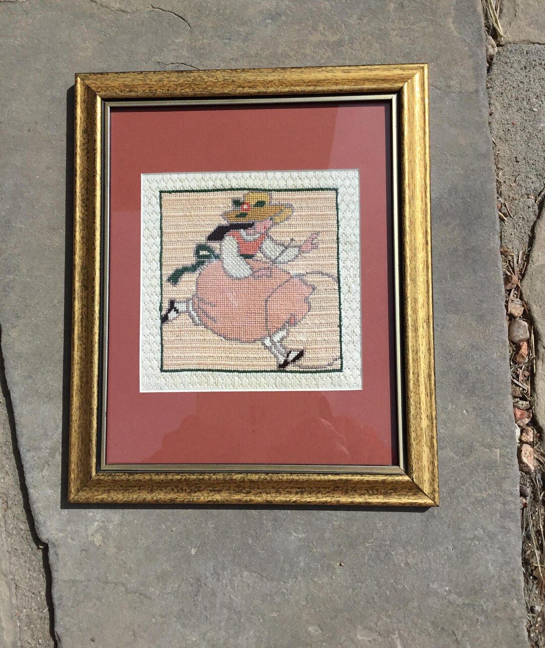Petit Point Girl With Hoop. Small Well Matted and Framed Needlework ...