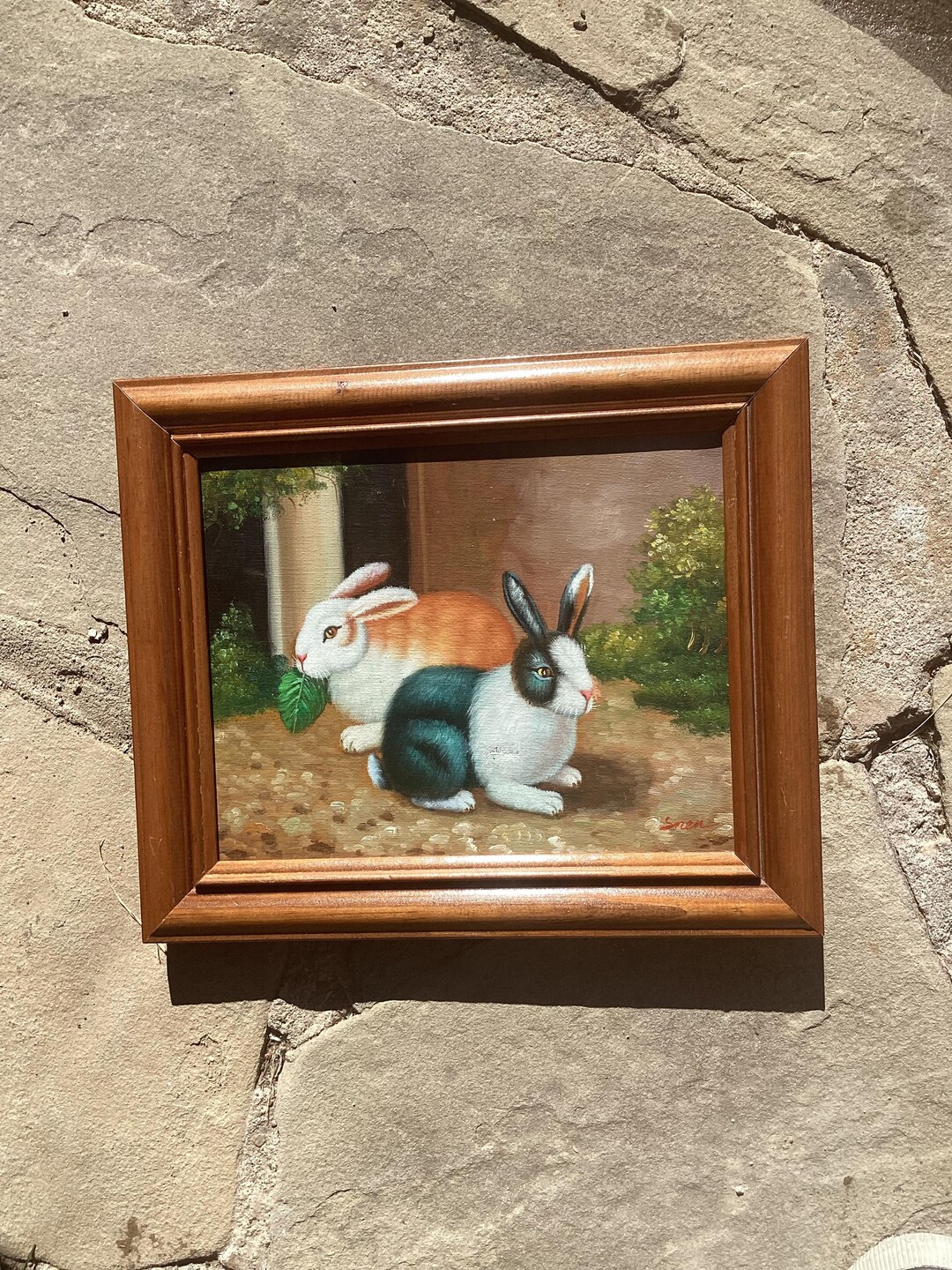 Painting of Rabbits. Small Artist Signed Rabbit Painting in Handsome ...