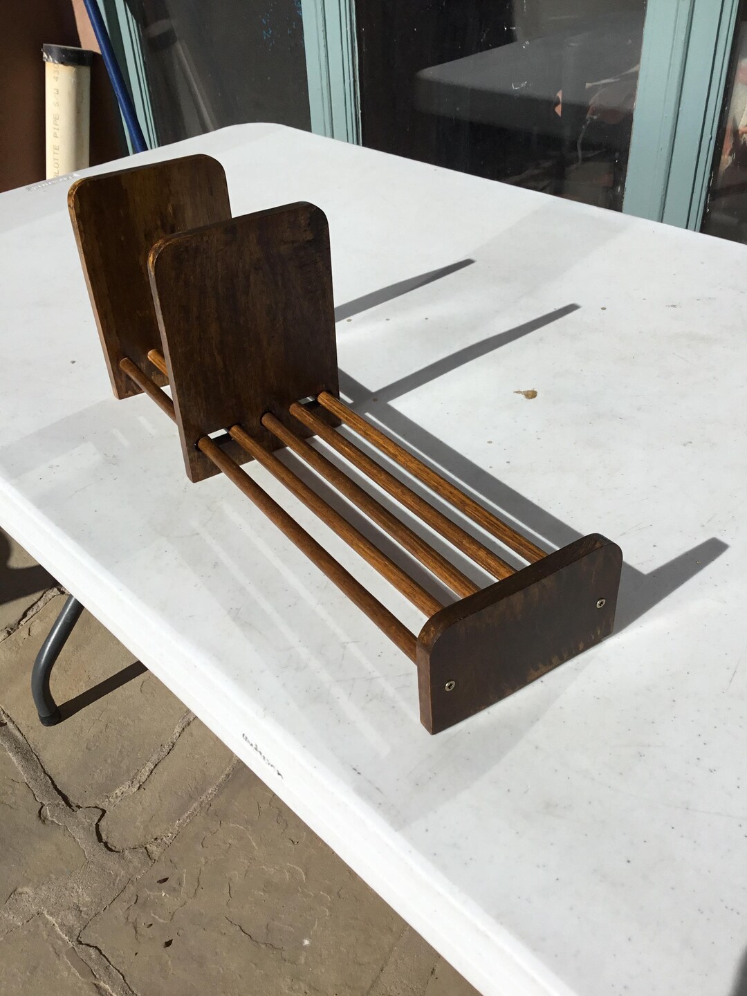 Wooden Sliding Book Rack. Vintage Handmade Dark Wood Sliding Bookends ...