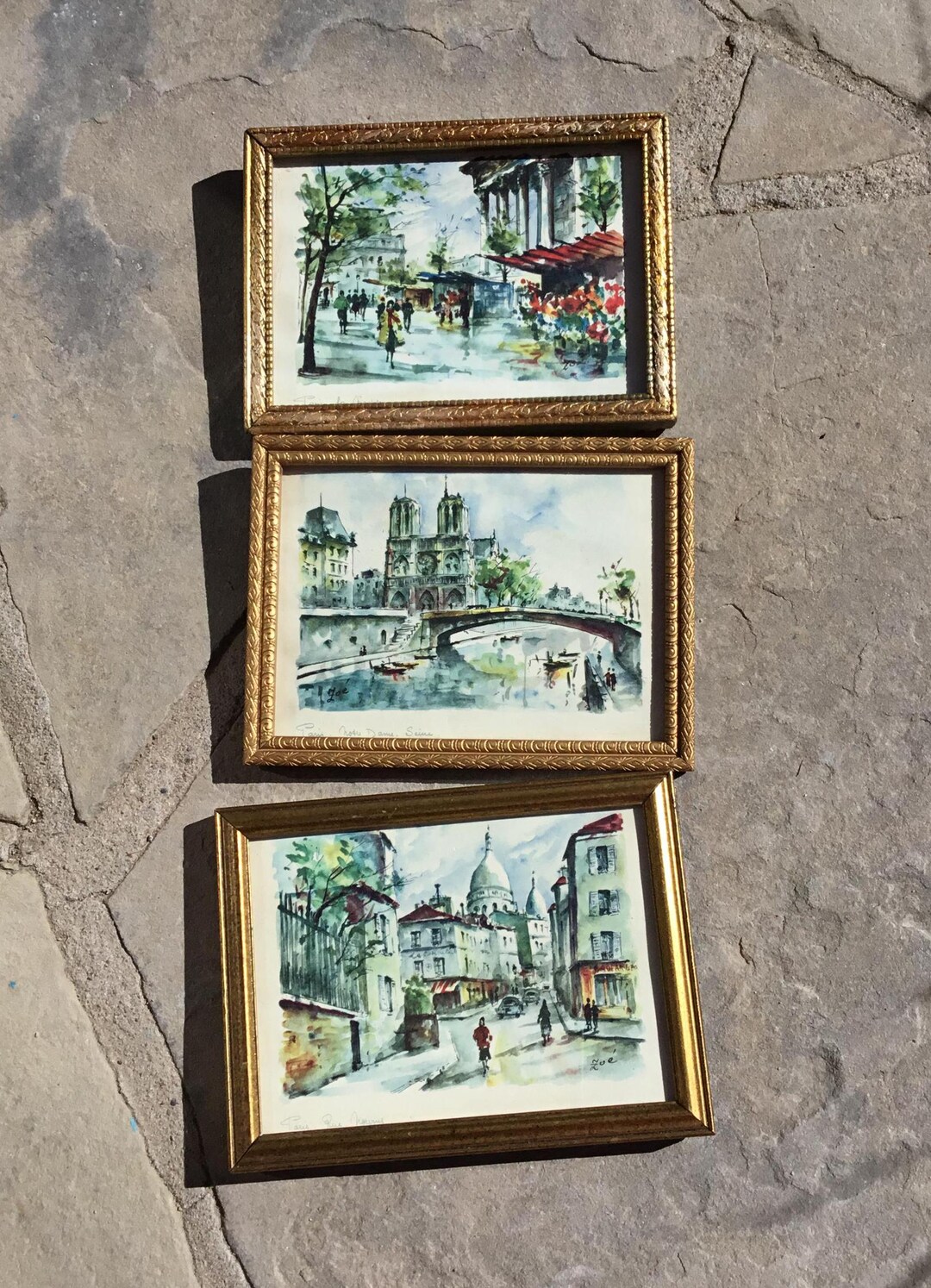 3 Parisian Scene Prints in Gold Frames. Set of Small Vintage Zoe ...