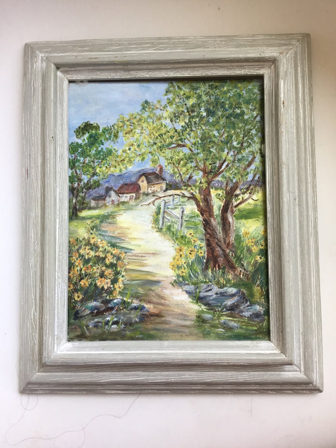 Small Vintage Country Lane Landscape Painting. Small White Framed ...