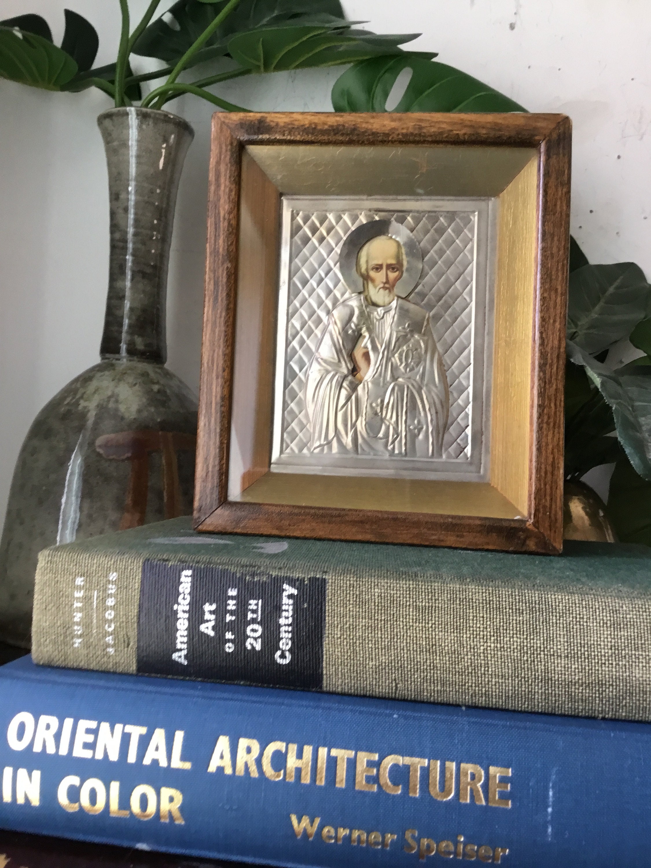 Metal Surrounded Religious Icon in Shadow Box Frame. Vintage Religious ...