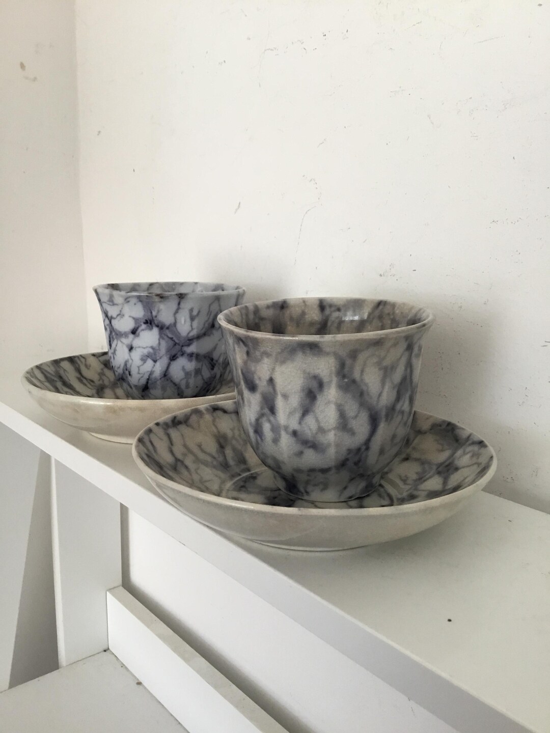 Antique Handless Cups and Saucers. Set of 2 Antique Blue Veined ...