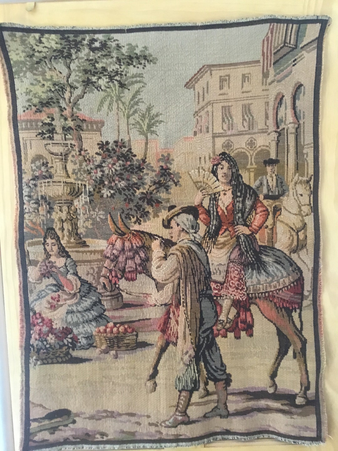 Large Vintage Figural Spanish Flavored Tapestry. Large Scenic Wall ...