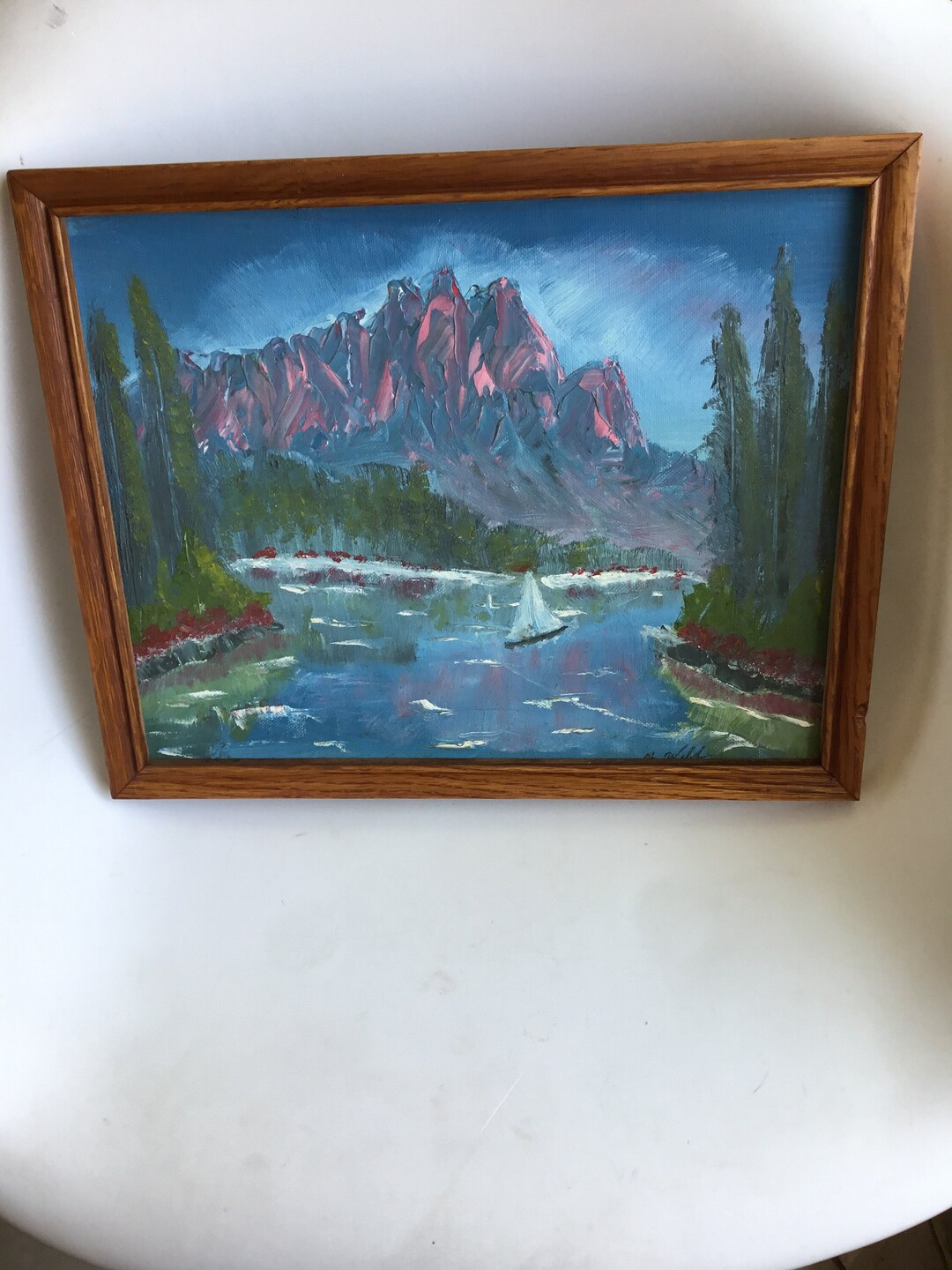 Small-ish Mountain Lake Scape Oil Painting. Artist Signed Framed Fauvist Style Vintage Oil ...