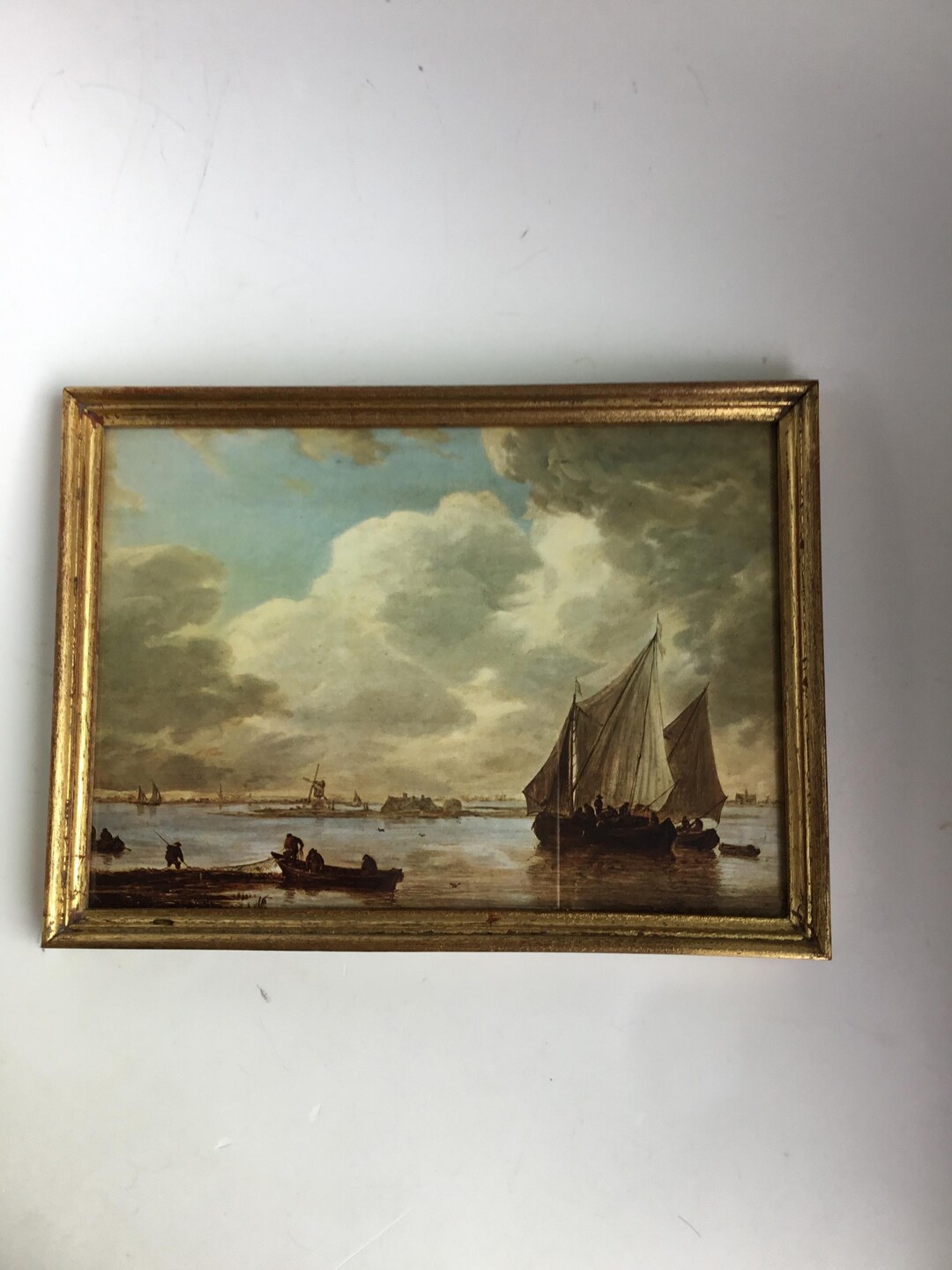Small Vintage European Waterscape With Fishing Boats and Windmill. Gold ...